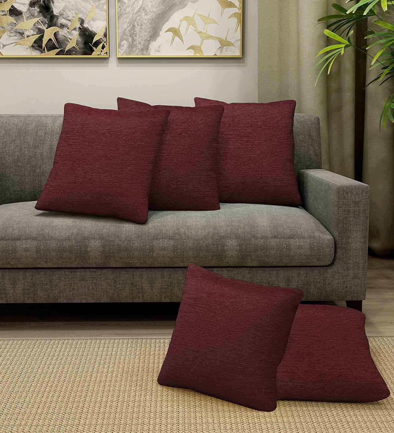 Buy Maroon Cotton Solid 12 x 12 inch Set of 5 Cushion Covers by Klotthe ...
