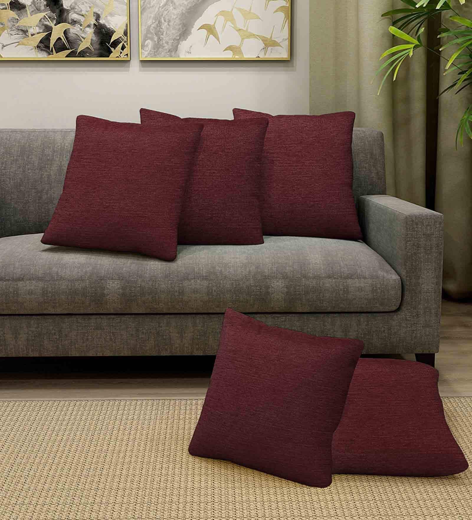 Buy Maroon Cotton Solid 14 x 14 inch Set of 5 Cushion Covers by Klotthe ...