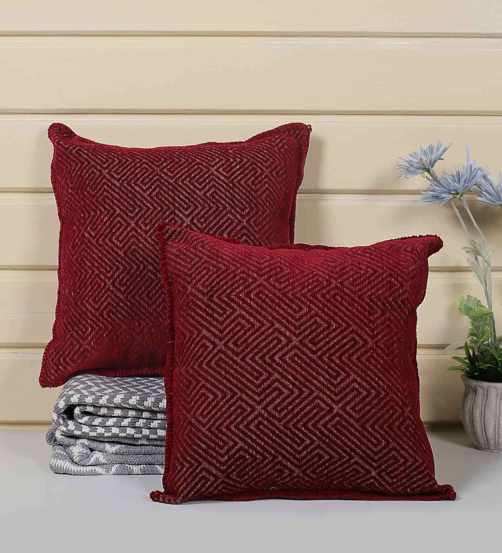 Buy Maroon Zig Zag Cotton 16 x 16 Inches Cushion Covers (Set of 2) by ...