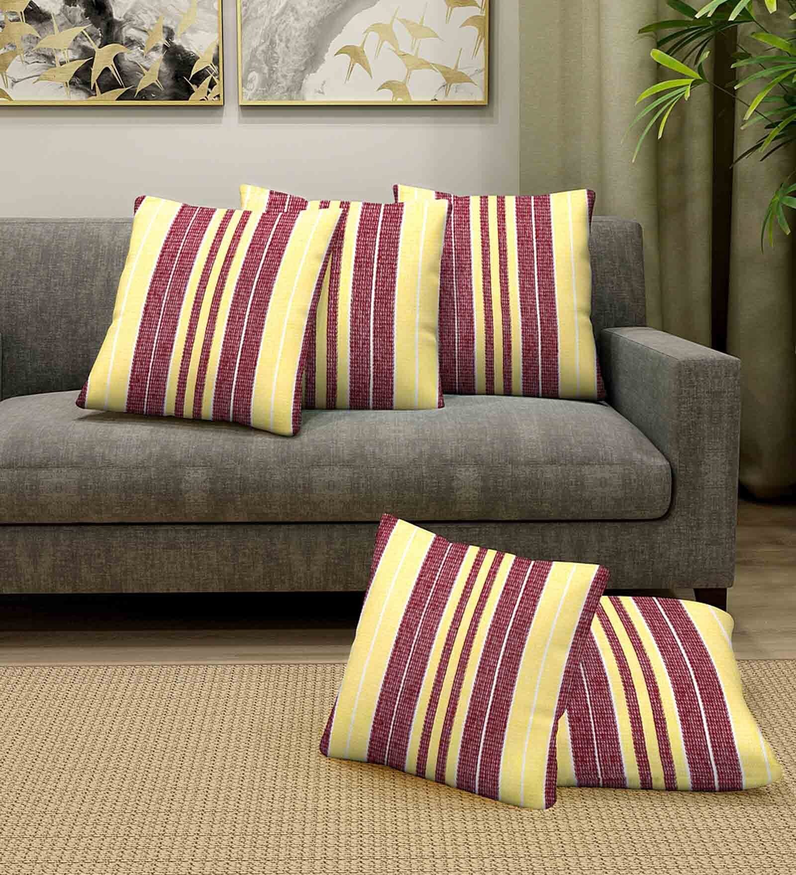 Buy Maroon Cotton Striped 14 x 14 inch Set of 5 Cushion Covers by ...
