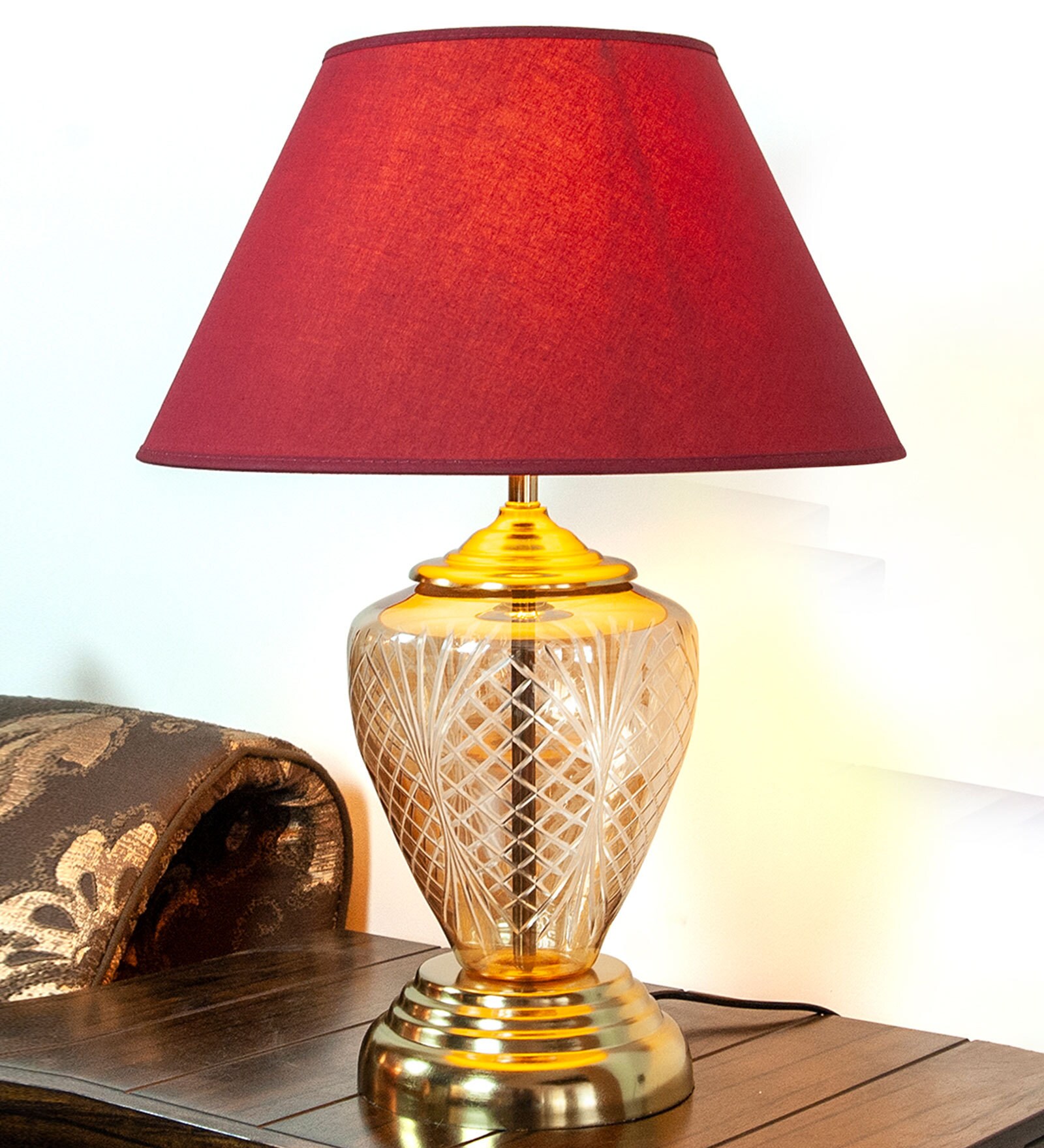 Buy Maroon Fabric Shade Table Lamp with Gold Base at 49% OFF by Kapoor ...