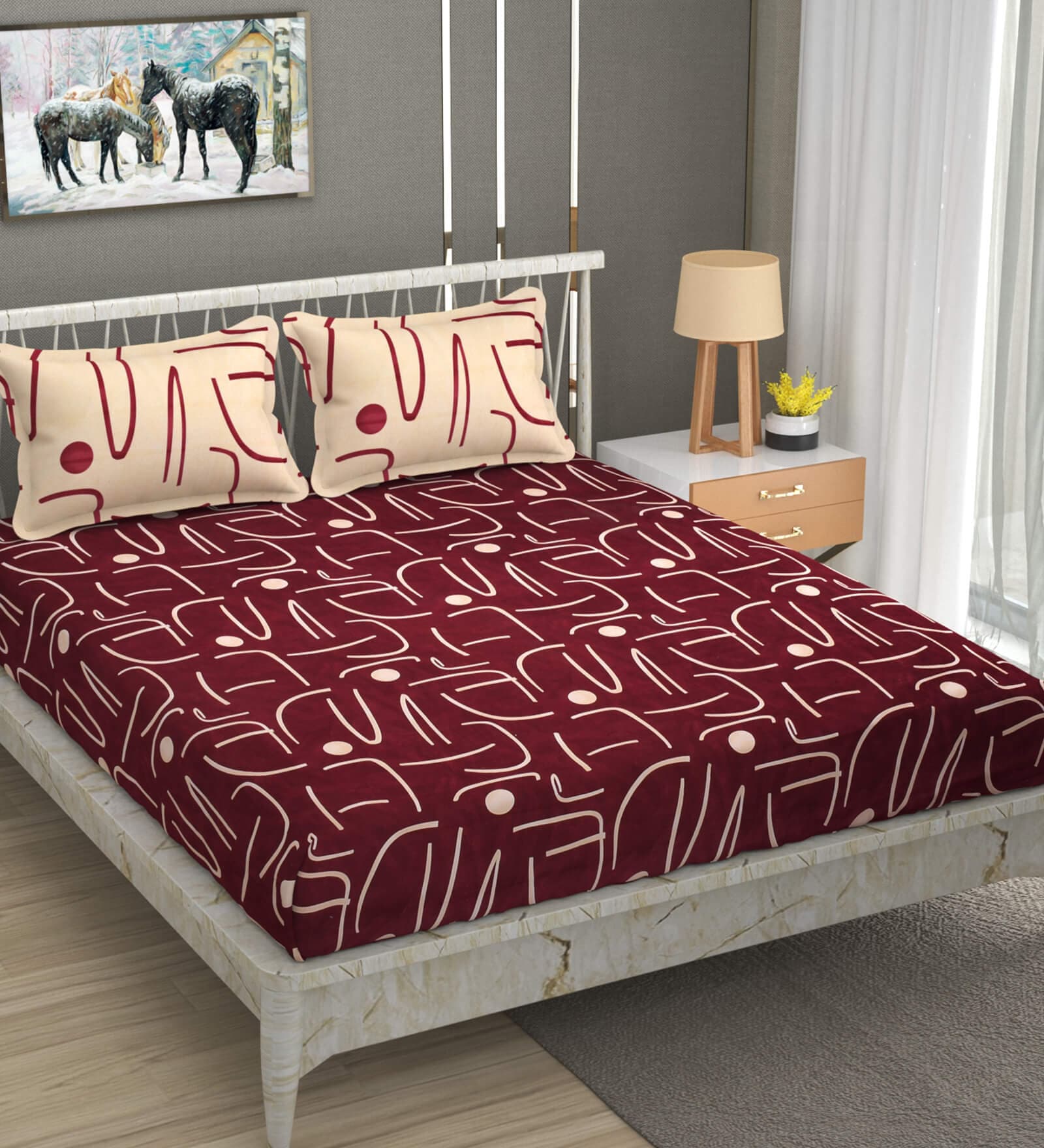 Buy Maroon Floral 280 TC Microfibre King Bedsheet 2 Pillow Covers at 46 ...