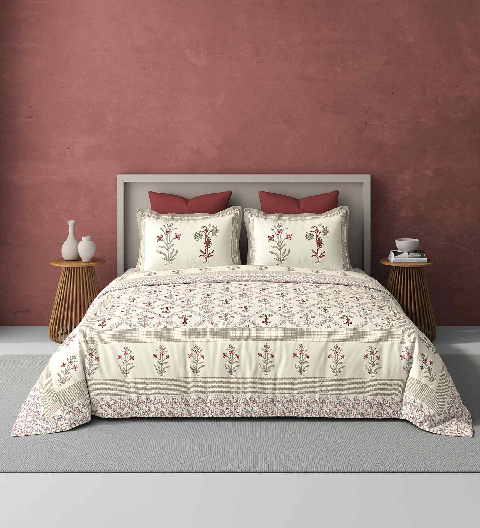 Buy Maroon Jaipuri Blockprint 250 TC Pure Cotton King Sized Double ...