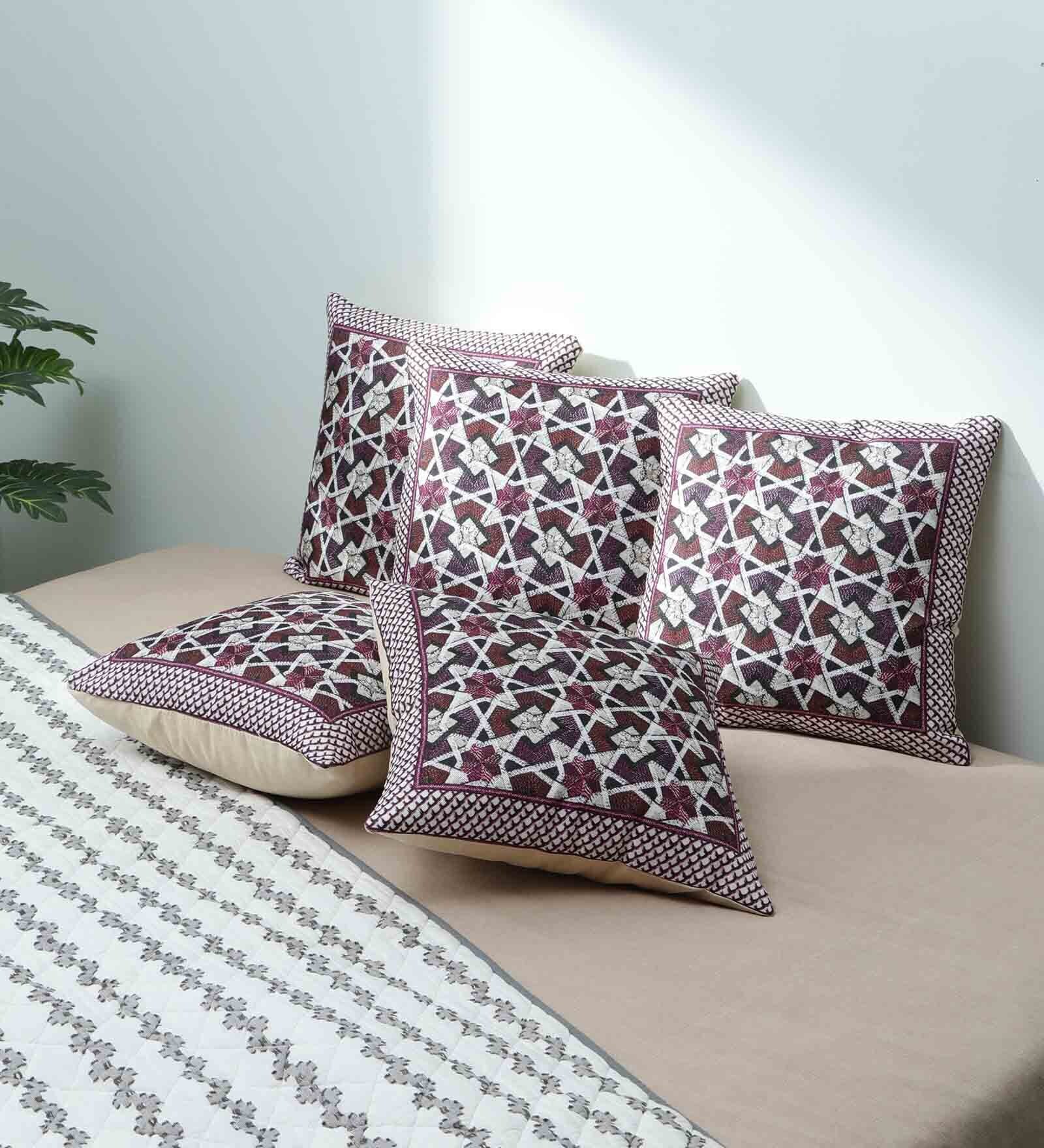 Buy Maroon Abstract Jute 16 x 16 Inches Cushion Covers (Pack of 5) by ...