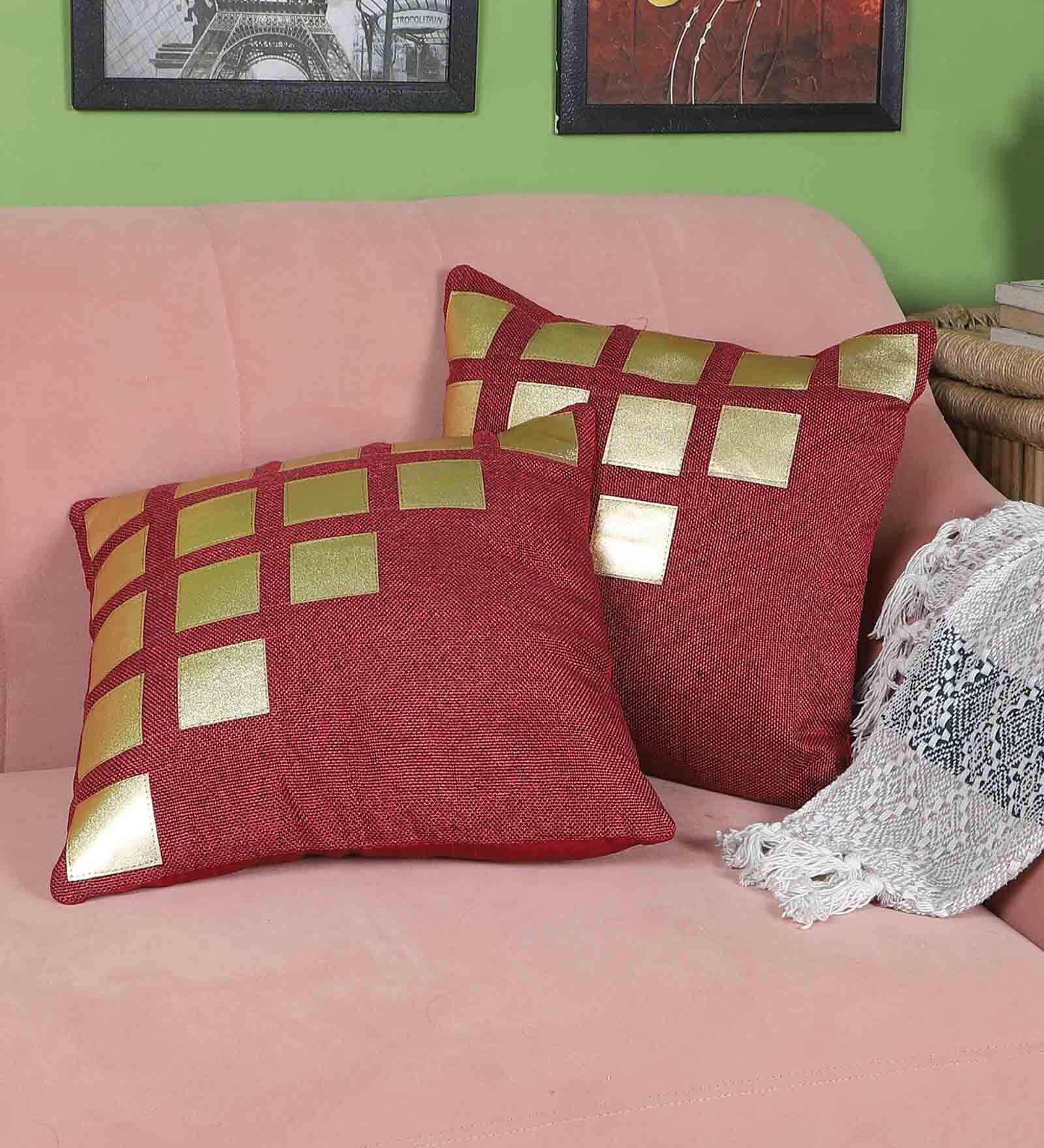 Buy Maroon Geometric Jute 16 x 16 Inches Cushion Covers (Set of 2) at ...