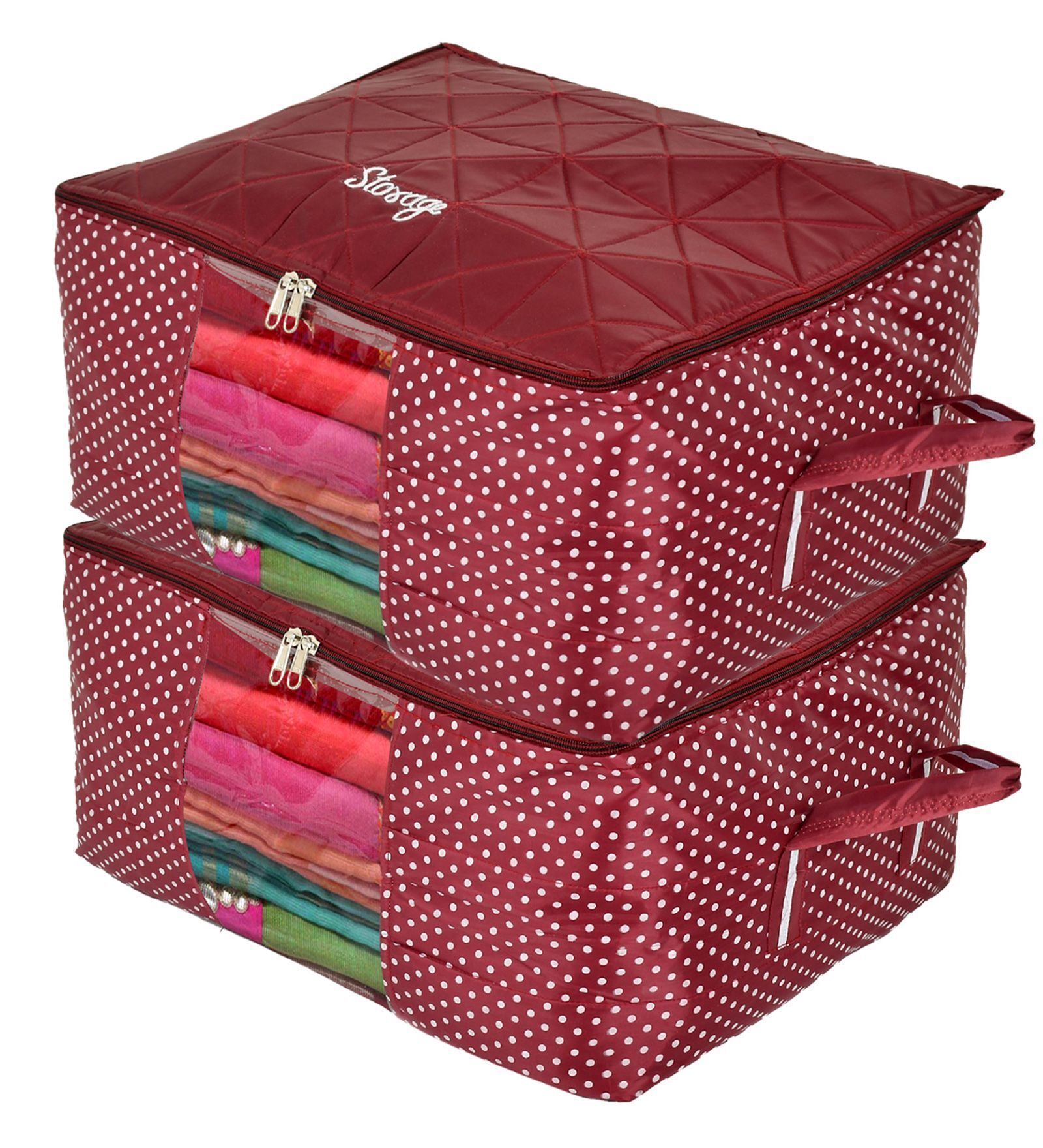 Buy Maroon Polka Dot Print Polyester Foldable Underbed Organizer (Set ...