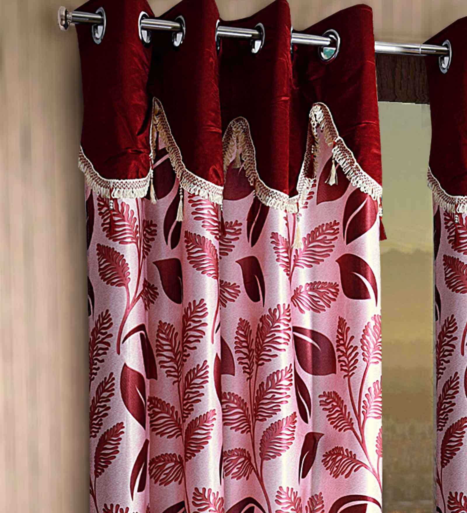 Buy Maroon Floral Polyester 7 Ft Semisheer Eyelet Door Curtains (Set of ...