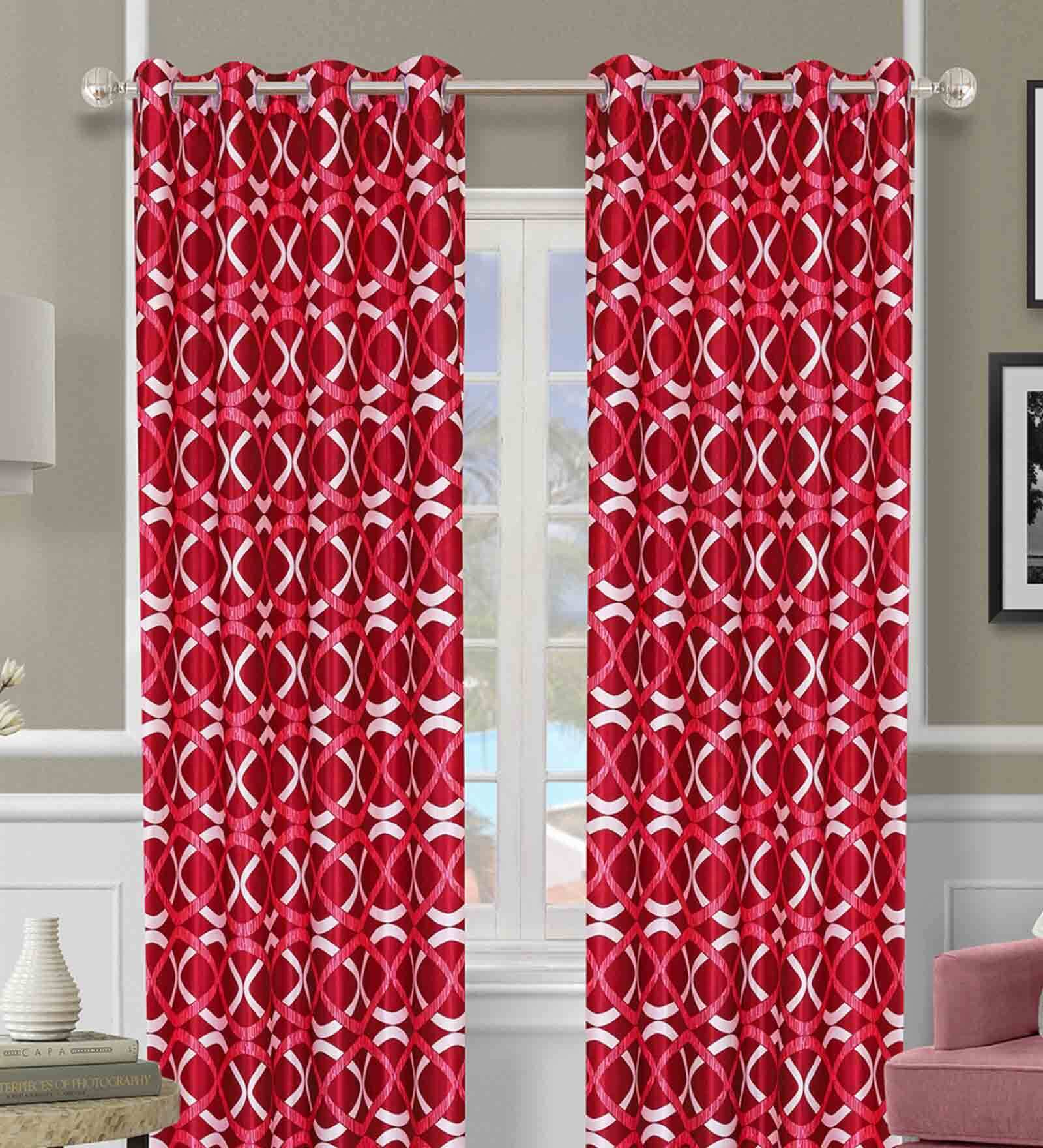 Buy Maroon Polyester Geometric 7 Ft Blackout Eyelet 2 Curtains by Romee ...