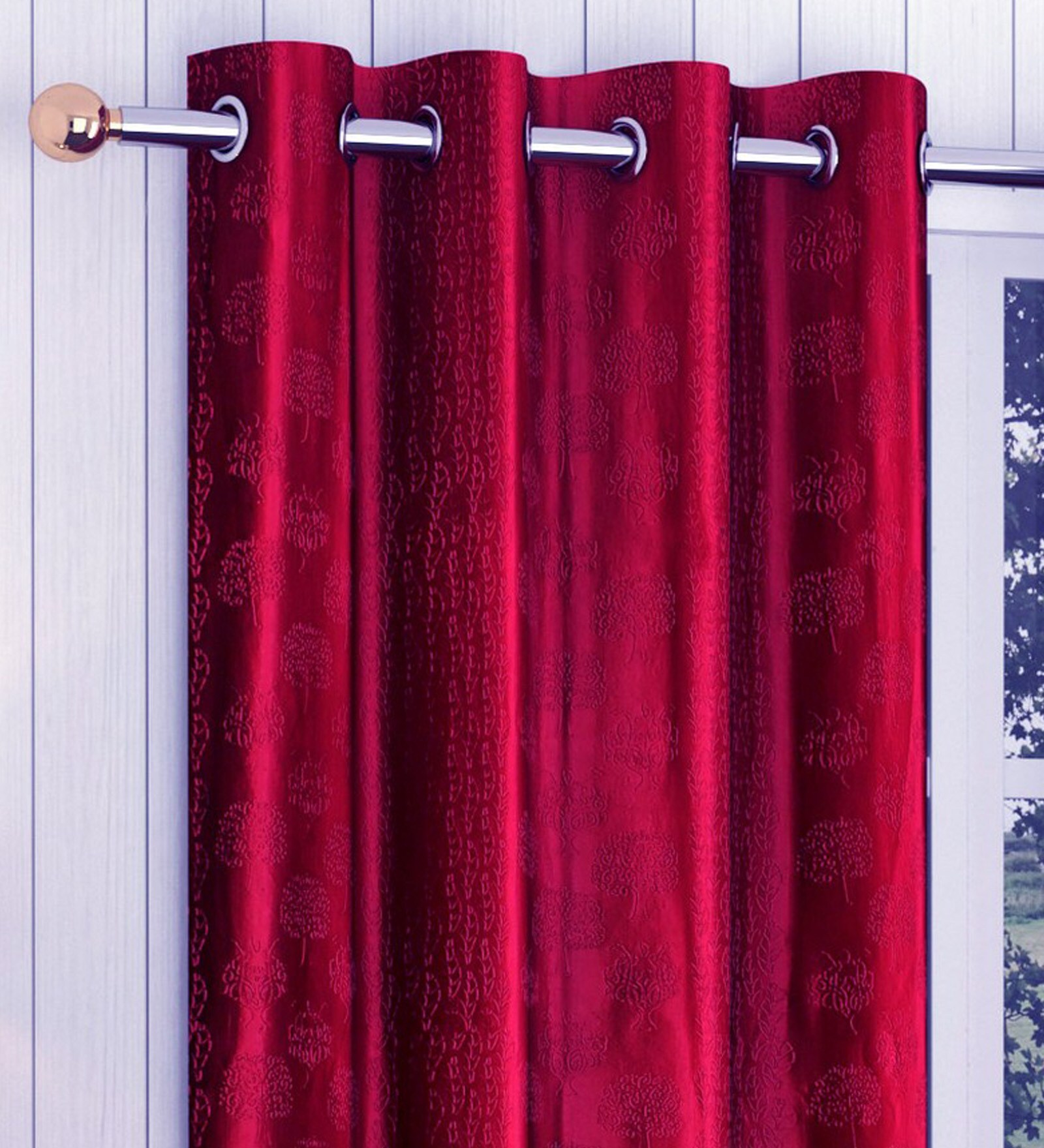 Buy Maroon Floral Polyester 8 Ft Blackout Eyelet Door Curtains (Set of ...