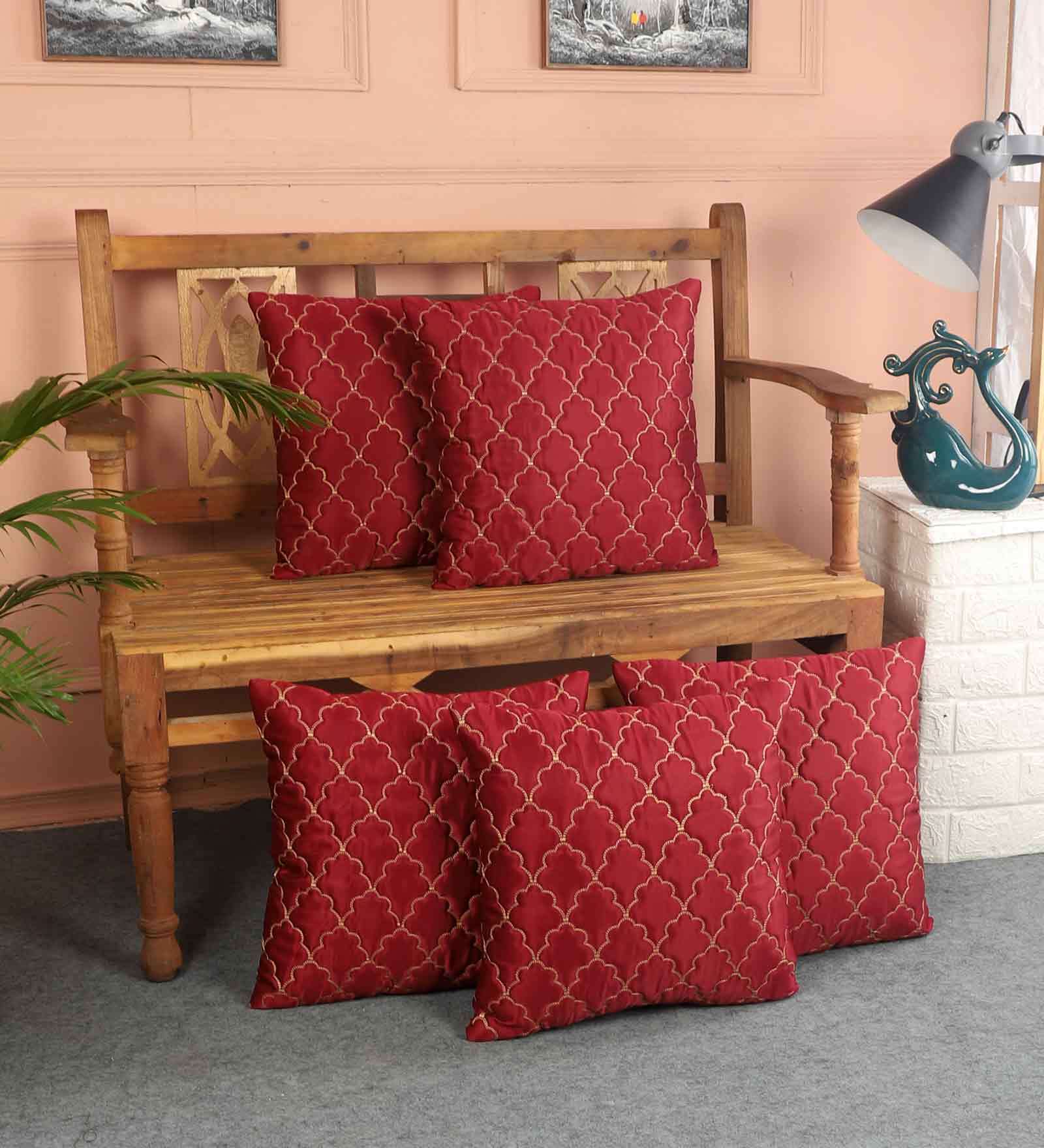 Buy Maroon Geometric Polyester 16 x 16 Inches Cushion Covers (Set of 5 ...