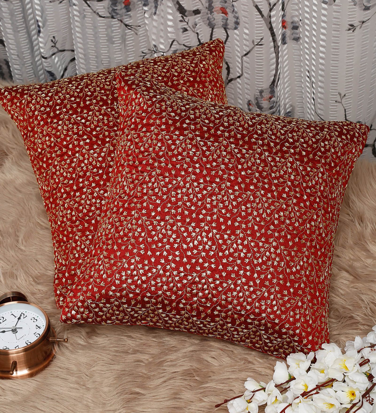 Buy Maroon Textured Polyester 16 x 16 Inches Cushion Covers (Set of 2 ...