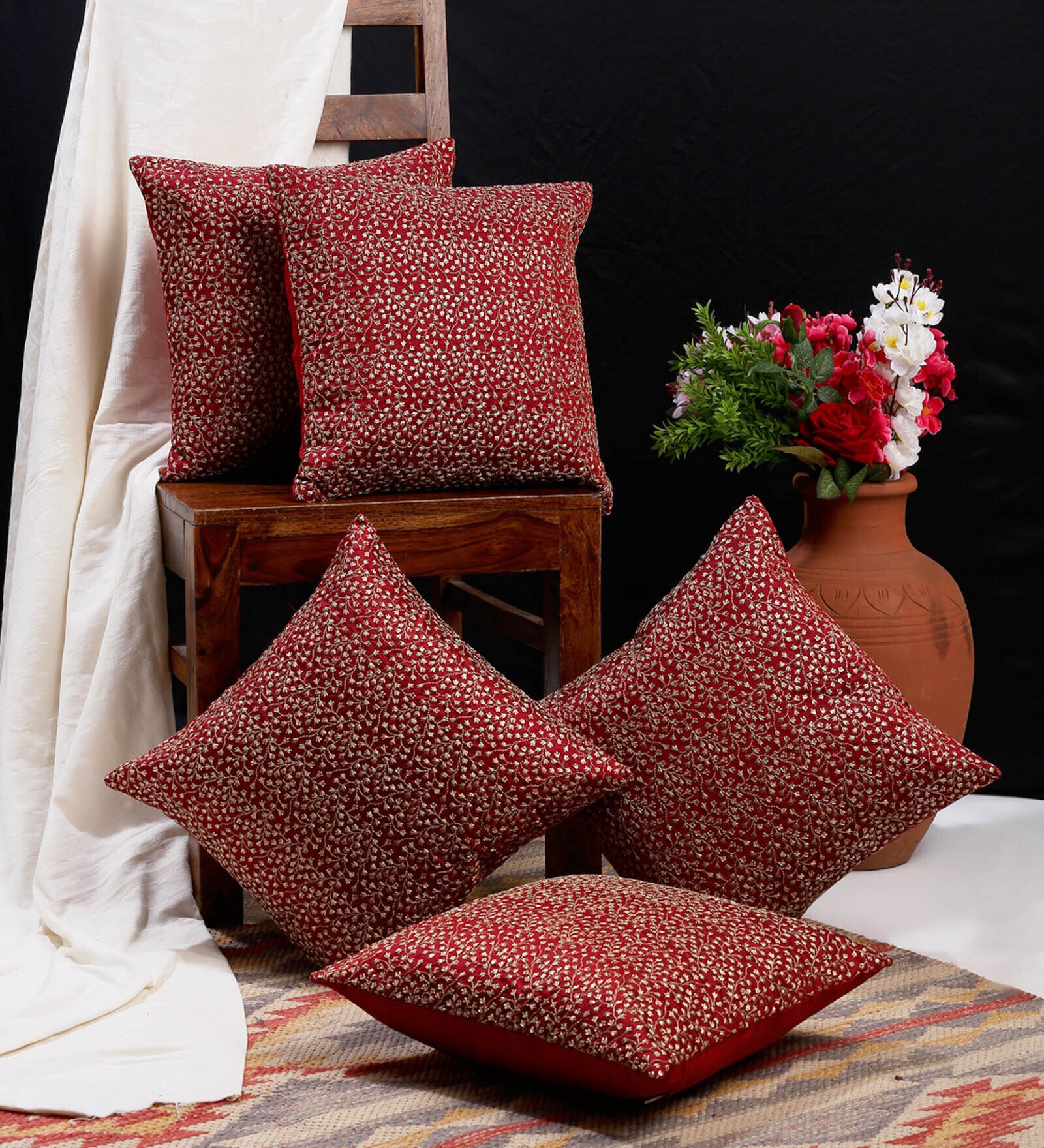Buy Maroon Textured Polyester 16 x 16 Inches Cushion Covers (Set of 5 ...