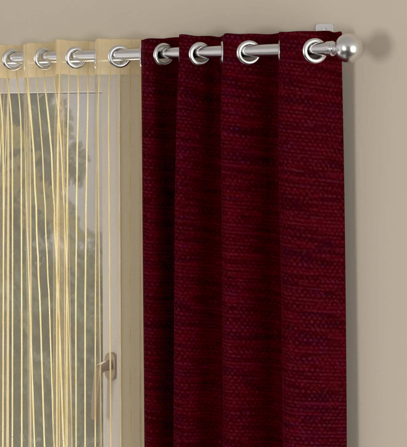 Buy Maroon Striped Polyester 5 Ft Semisheer Eyelet Window Curtains (Set ...