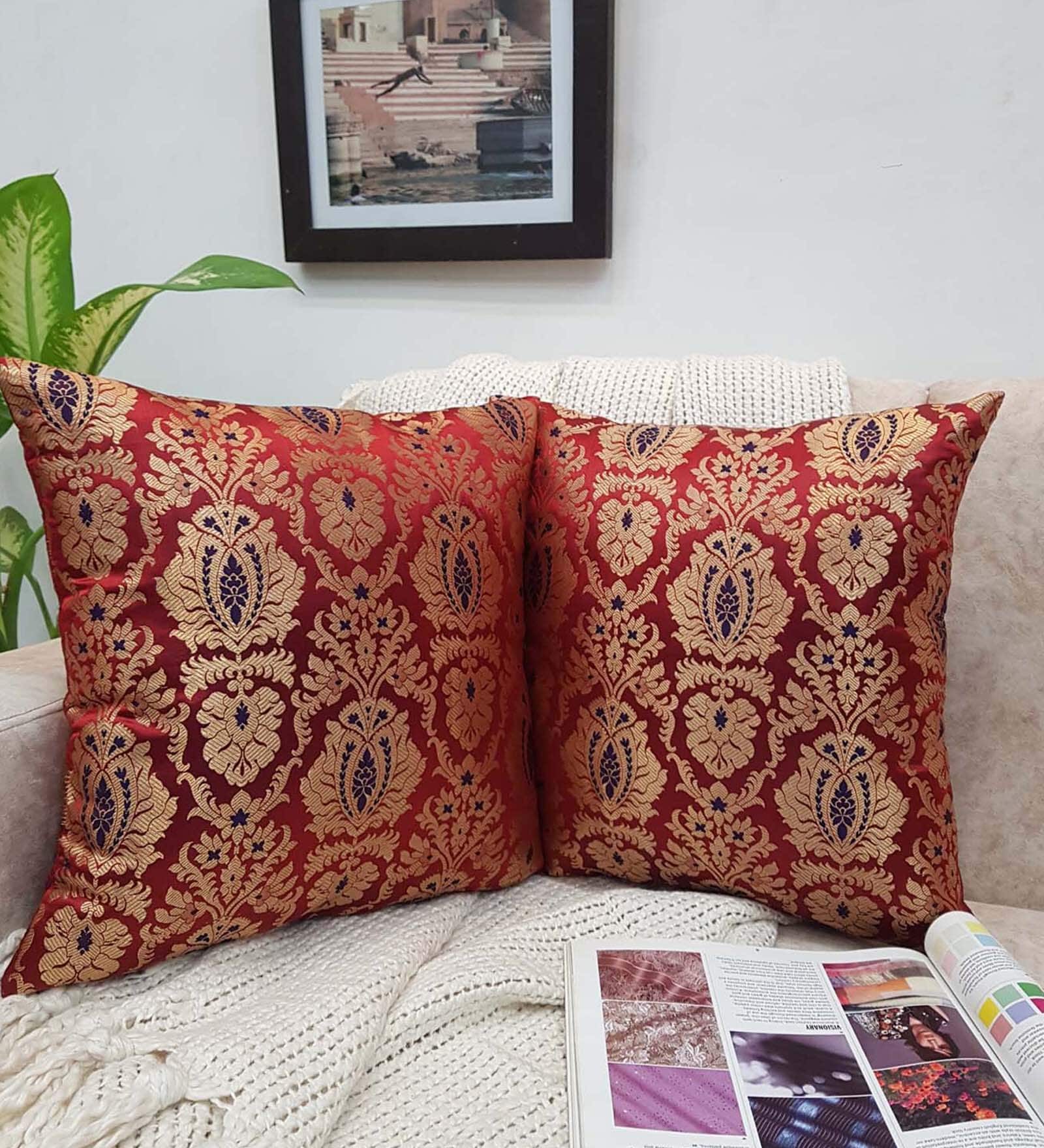 Buy Maroon Traditional Silk Blend 16 x 16 Inches Cushion Covers (Set of ...