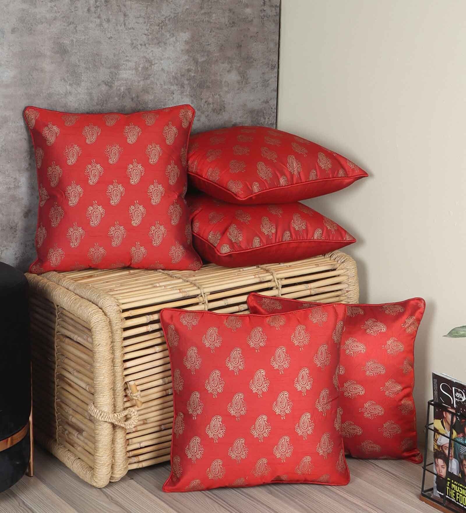 Buy Maroon Traditional Silk 16 x 16 Inches Cushion Covers (Pack of 5 ...
