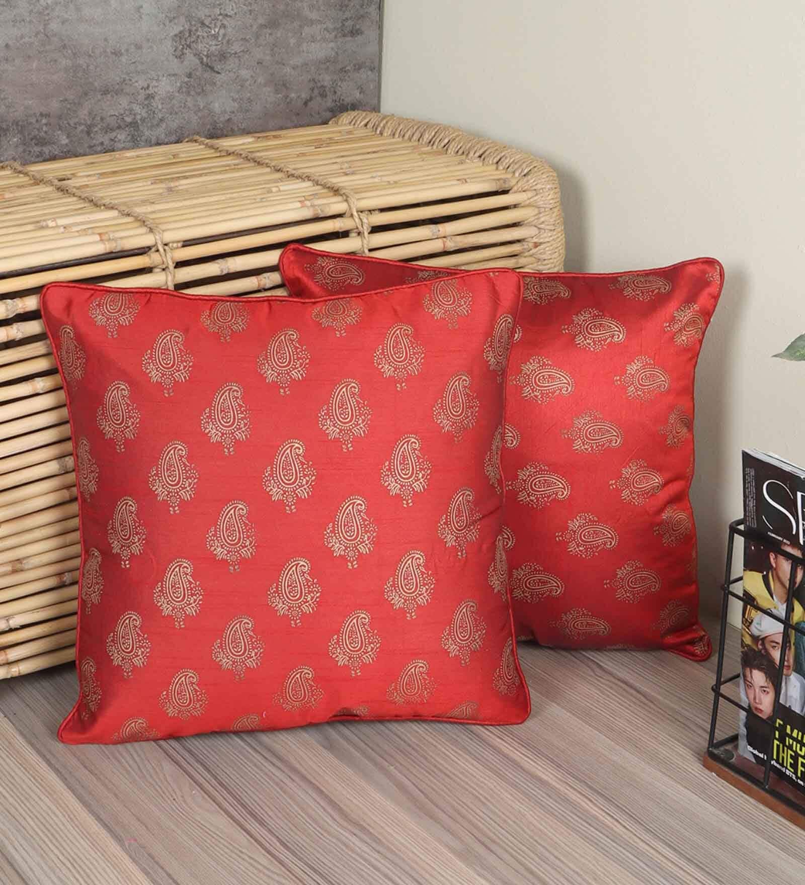 Buy Maroon Traditional Silk 16 x 16 Inches Cushion Covers (Pack of 2 ...