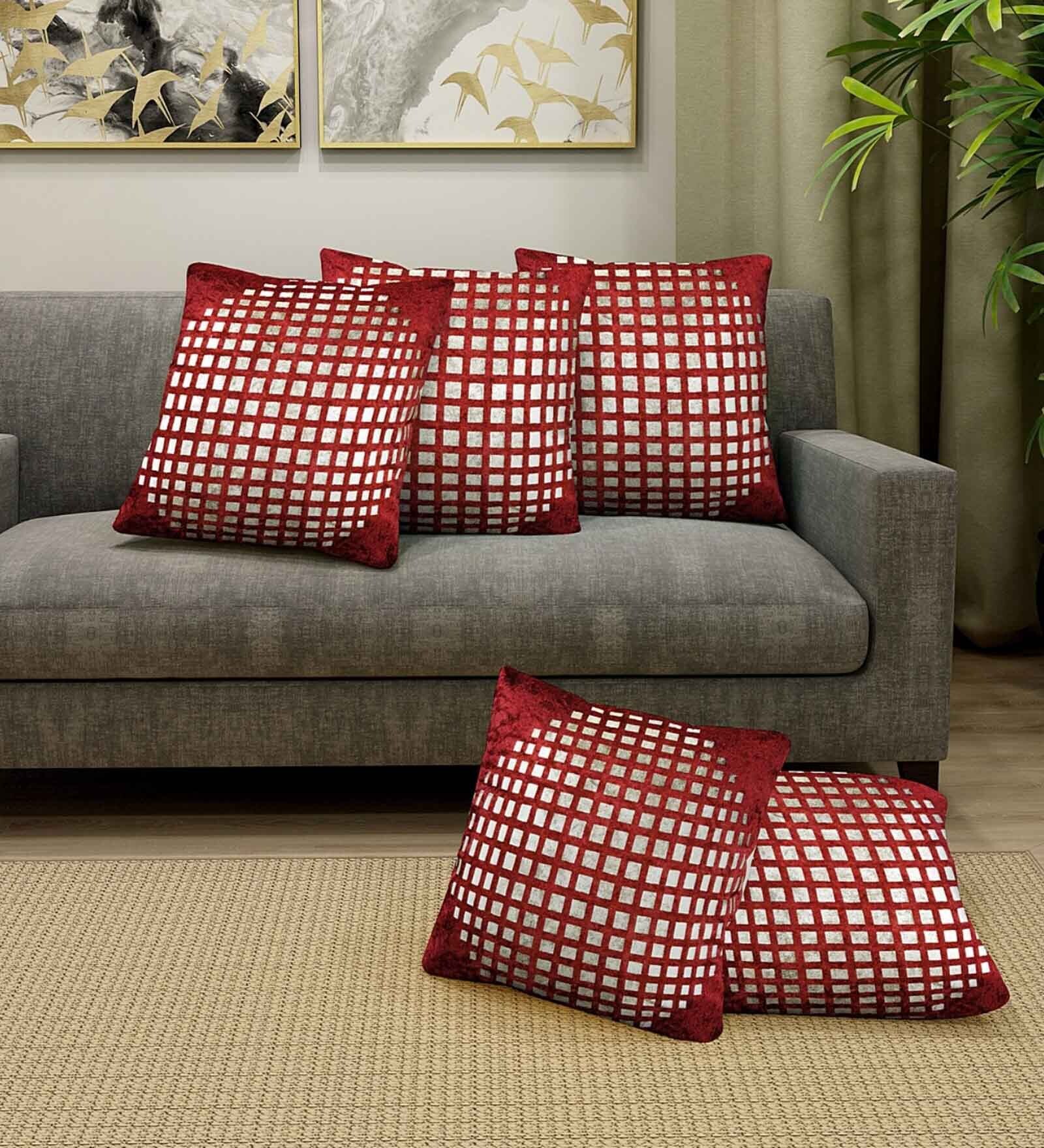 Buy Maroon Velvet Printed 16 x16 inch Set of 5 Cushion Covers at 84% ...