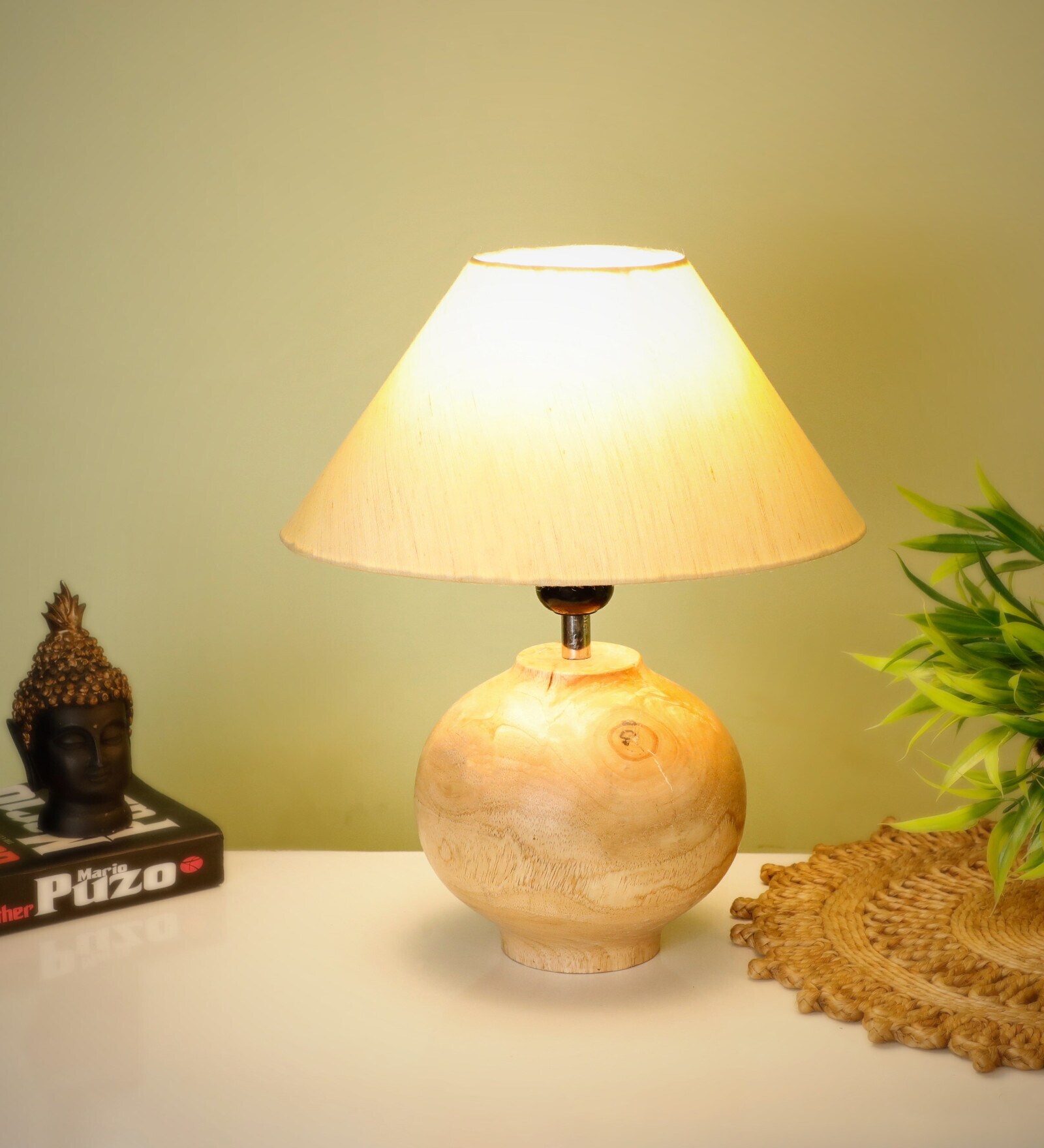 Buy Beige Shade With Natural Color Wooden Matka Handmade Table Lamp at ...