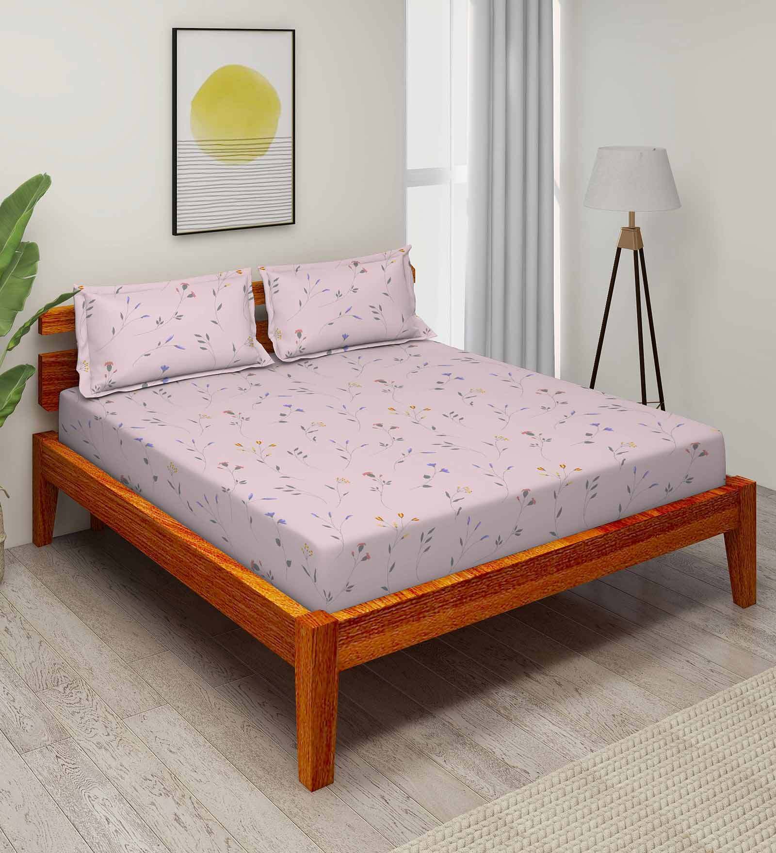 Buy Mauve Floral 144 TC 100% Cotton Queen Sized Bed Sheets with 2 ...