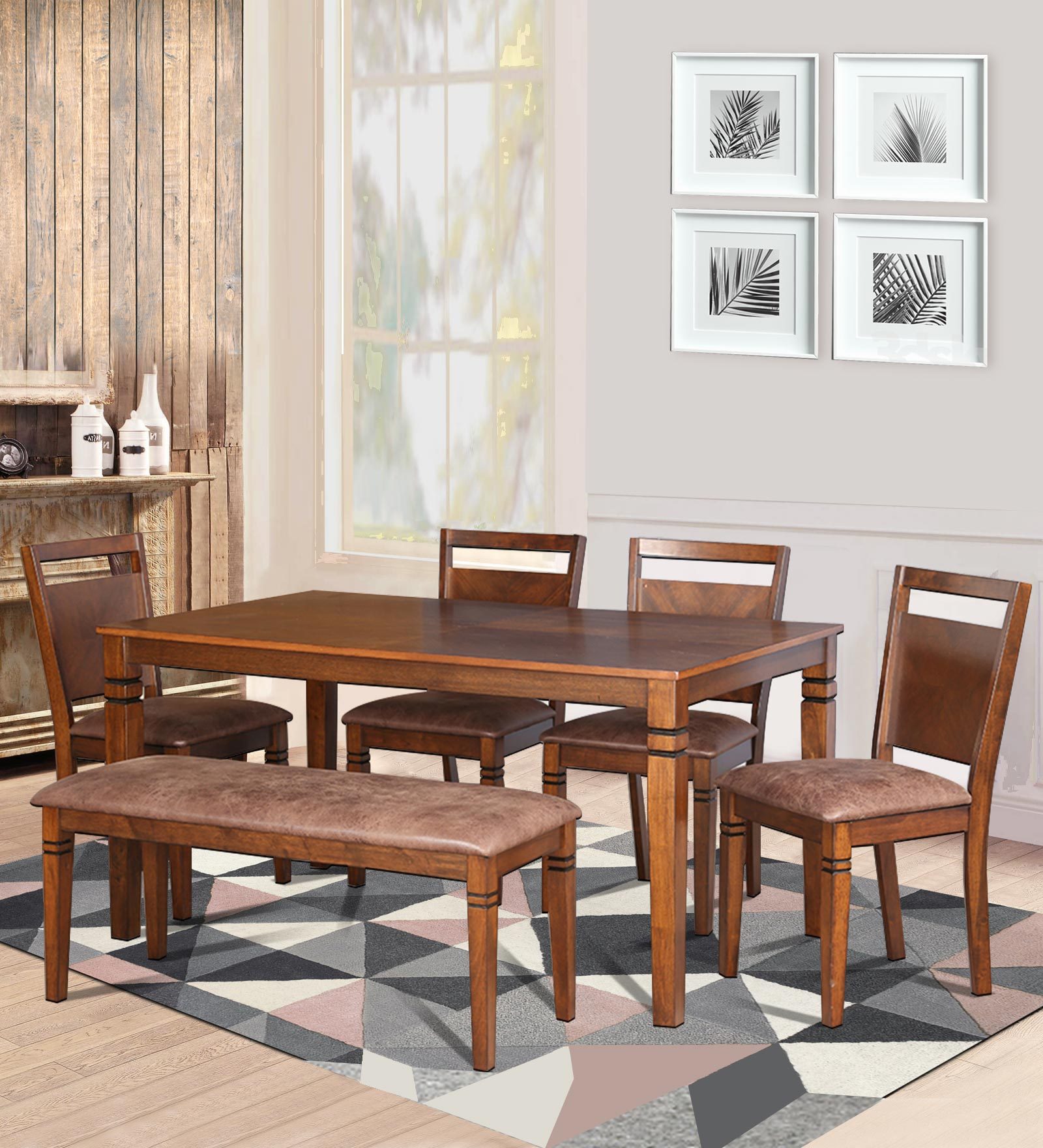 Buy Maverick Six Seater Metal Dining Set with Bench in Antique Cherry ...