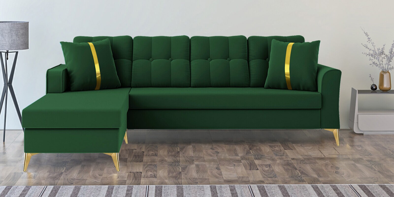 Buy Maddox Velvet RHS 5 Seater Sectional Sofa In Green Colour at 30% ...