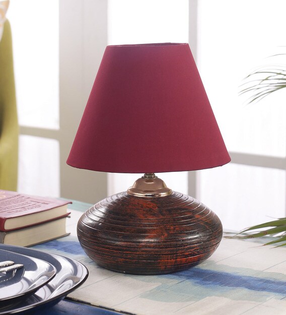 Buy Maroon Fabric Shade Table Lamp with Gold Base by Foziq Online ...