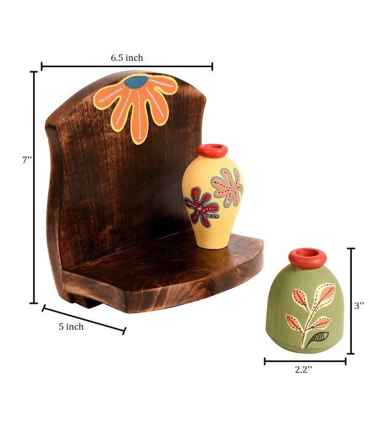 Buy Madhubani (Set of 3) Wood & Terracotta Wall Shelve with Vase by ...
