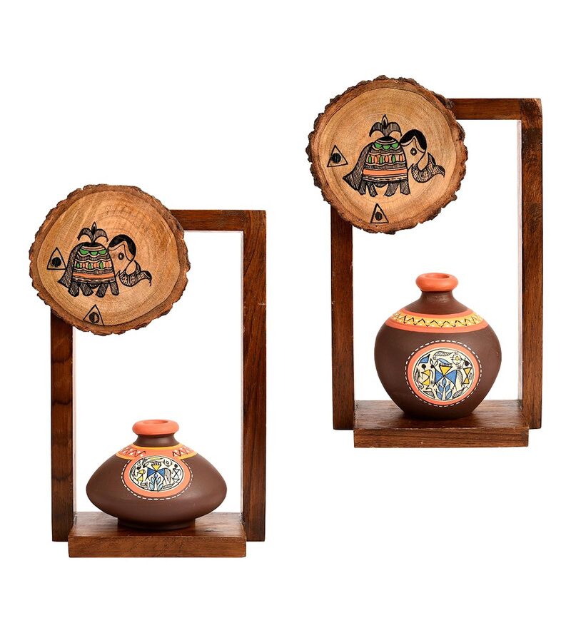 Buy Madhubani (Set of 4) Wood & Terracotta Wall Shelve with Vase by ...