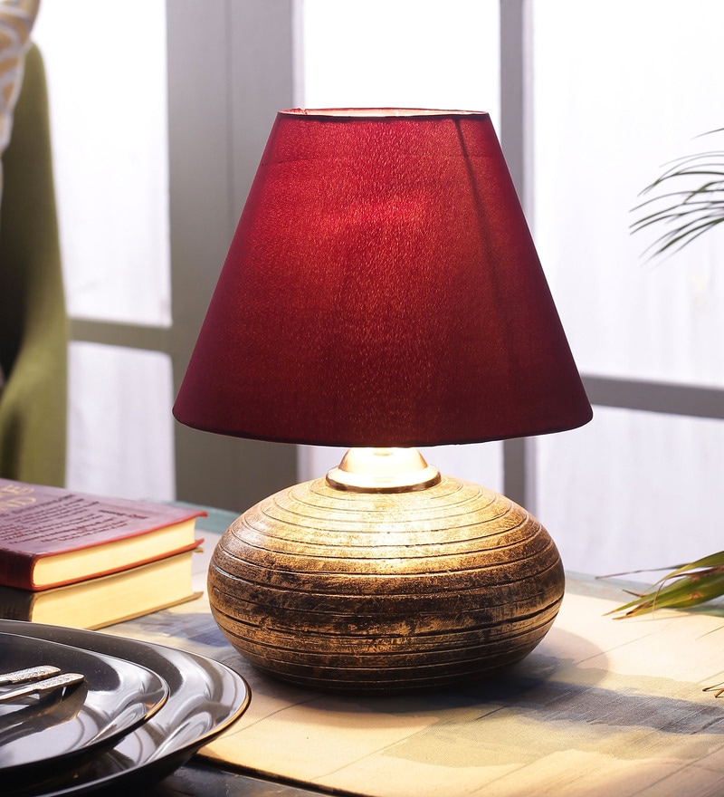 Buy Maroon Fabric Shade Table Lamp With Brown Base By Foziq Online ...