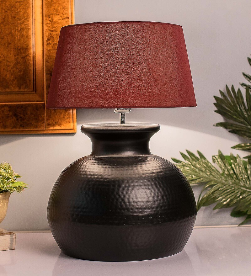 Buy Matt Black Hammered Pitcher Table Lamp with White Drum Shade Online ...