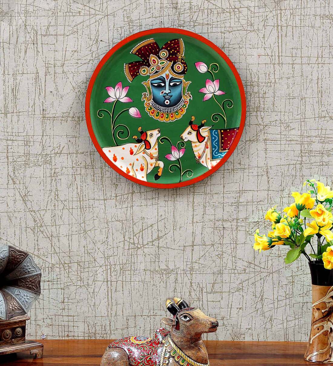 Buy Mdf Green Colour Handpainted Shreenathji Wall Hanging Round Plate ...