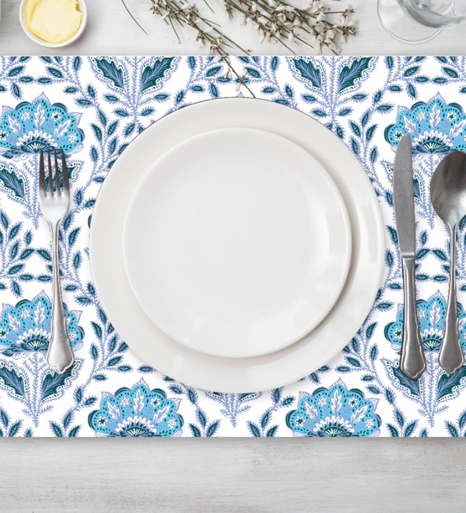 Buy Flower Motif (12x15) White & Blue MDF (Set of 4) Placemat at 10% ...