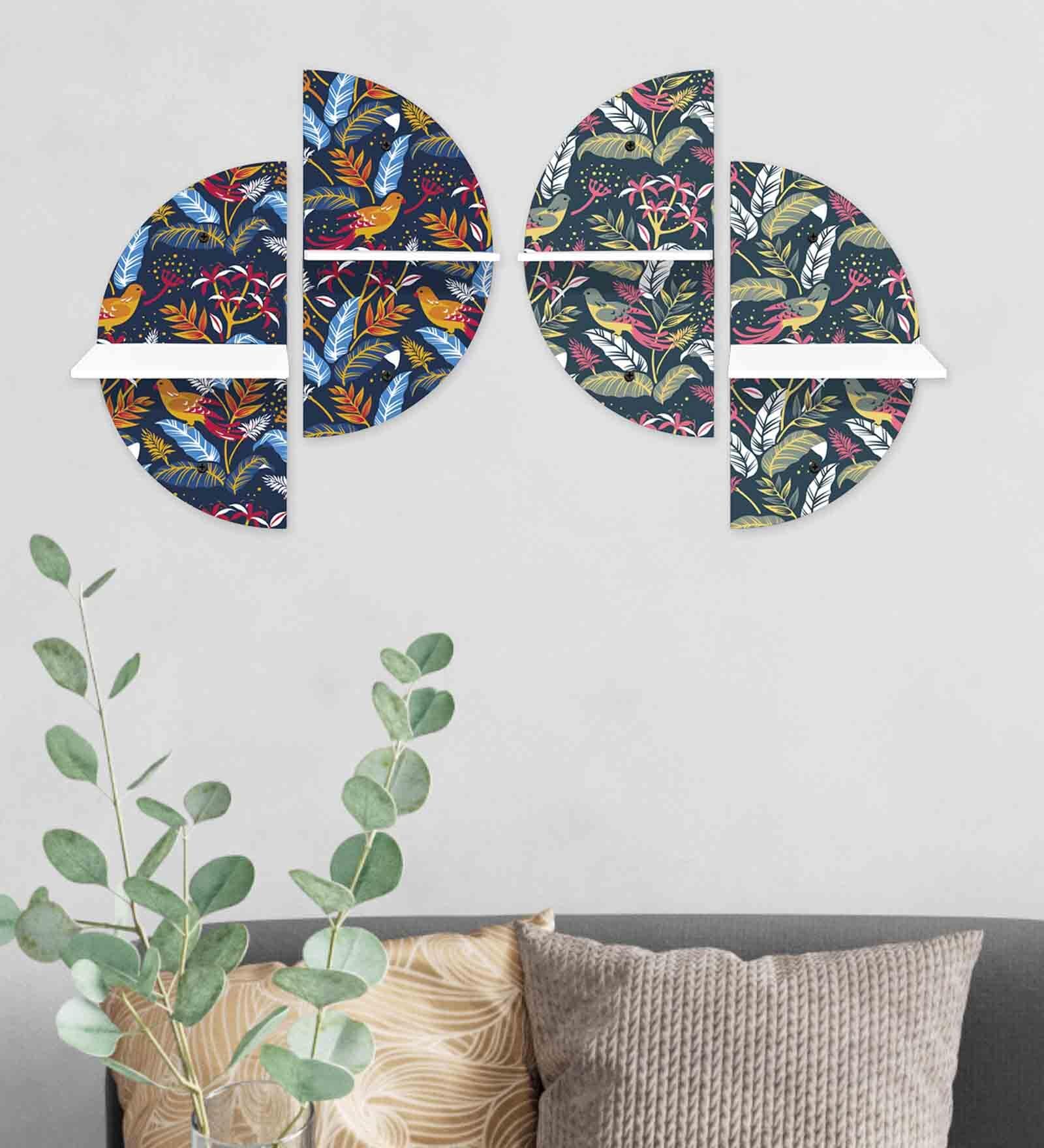 Buy MDF Jungle print Semi Circular Wall Shelf with White Plates by ...