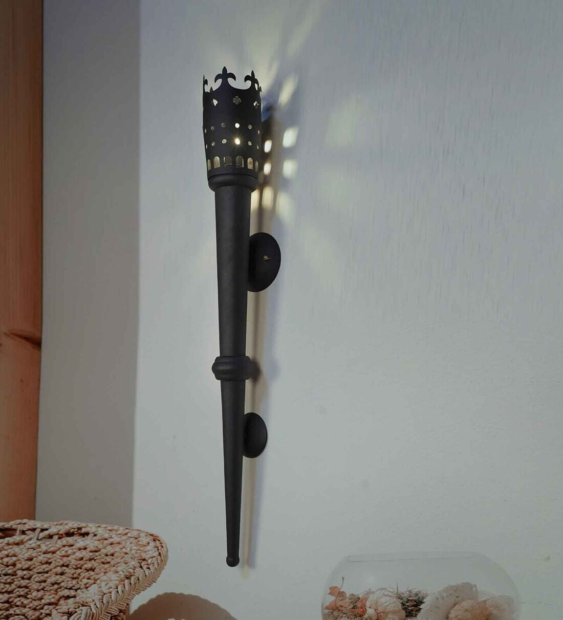 Buy Medieval Style Long Torch Black Steel Mashal Wall Light by Fos ...