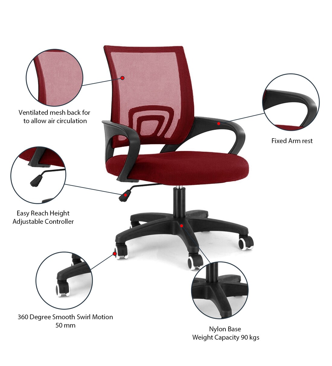 Buy Mesh Breathable Mesh Ergonomic Chair in Red & Black Colour Online ...