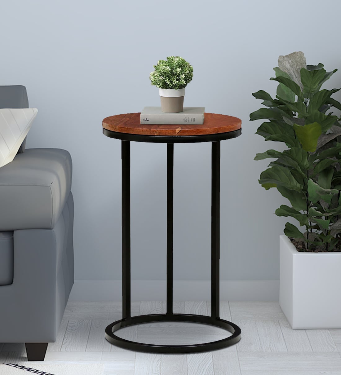 Buy Metalico Solid Wood C Shaped Round Table in Natural Finish at 2% ...