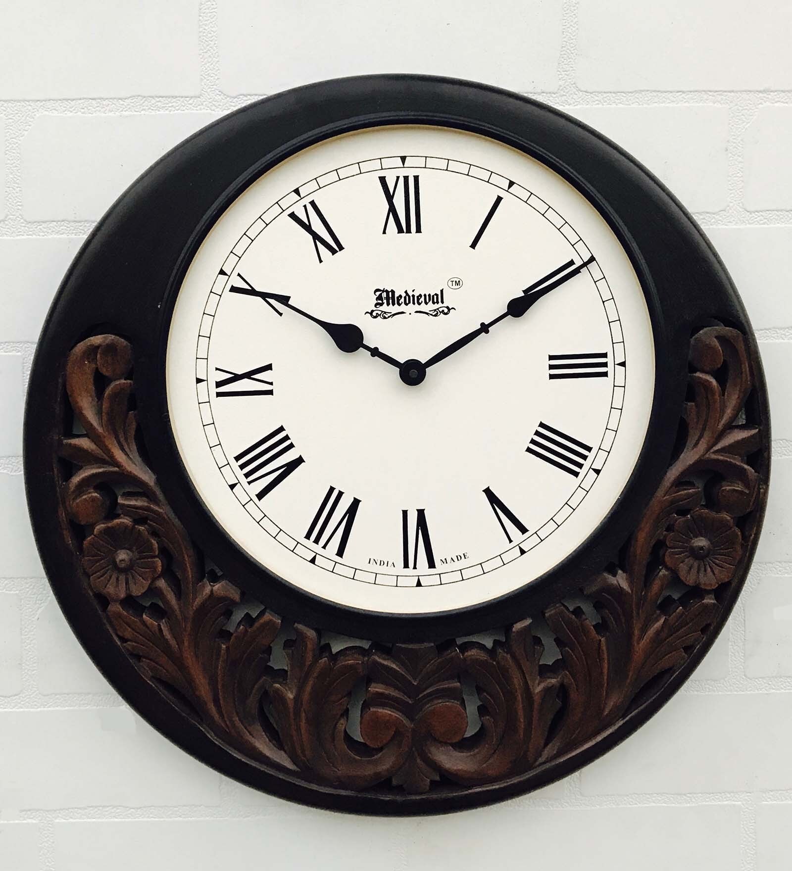Buy Brown Wood 15 x 15 Inch Carved Wall Clock by Medieval India Online ...