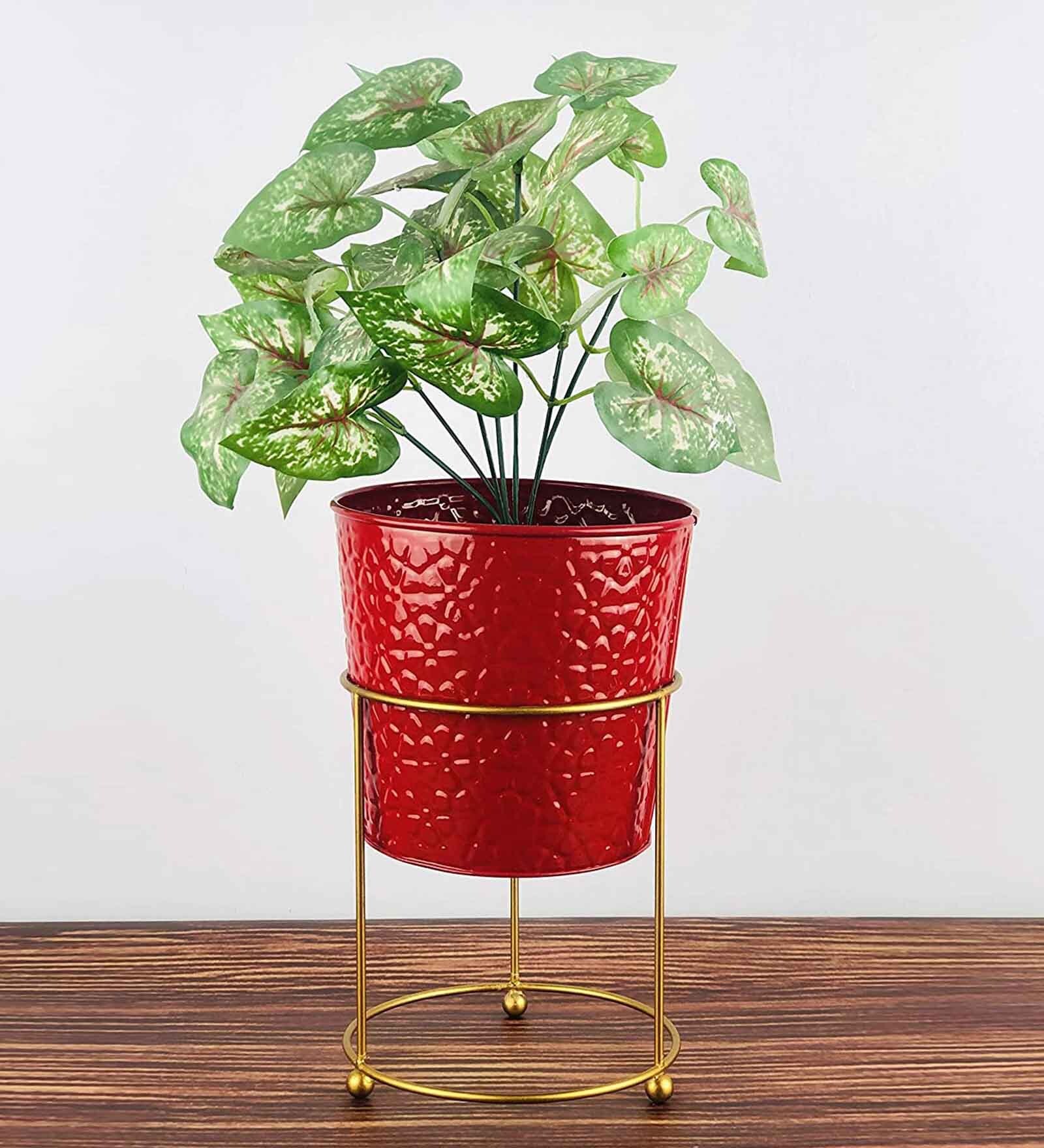 Buy Metal Planter with Metal Stand Red & Golden By Go Hooked at 33% OFF ...