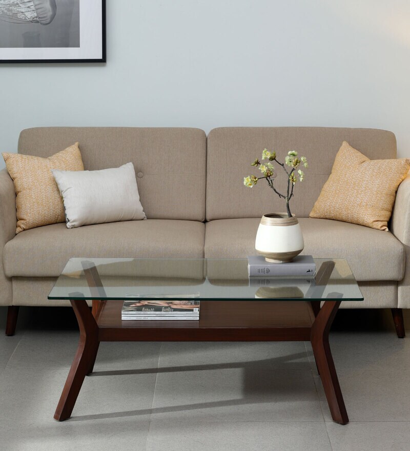 Buy Mesa Glass Top Coffee Table In Natural Teak Wood Finish By Crafted ...