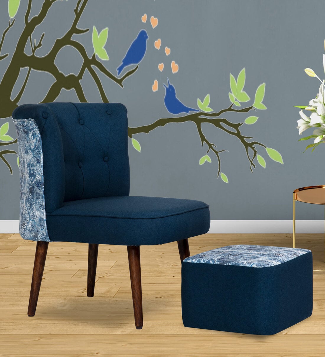 Buy Milano Fabric Slipper Chair in Dark Blue Colour with Foot Stool at ...