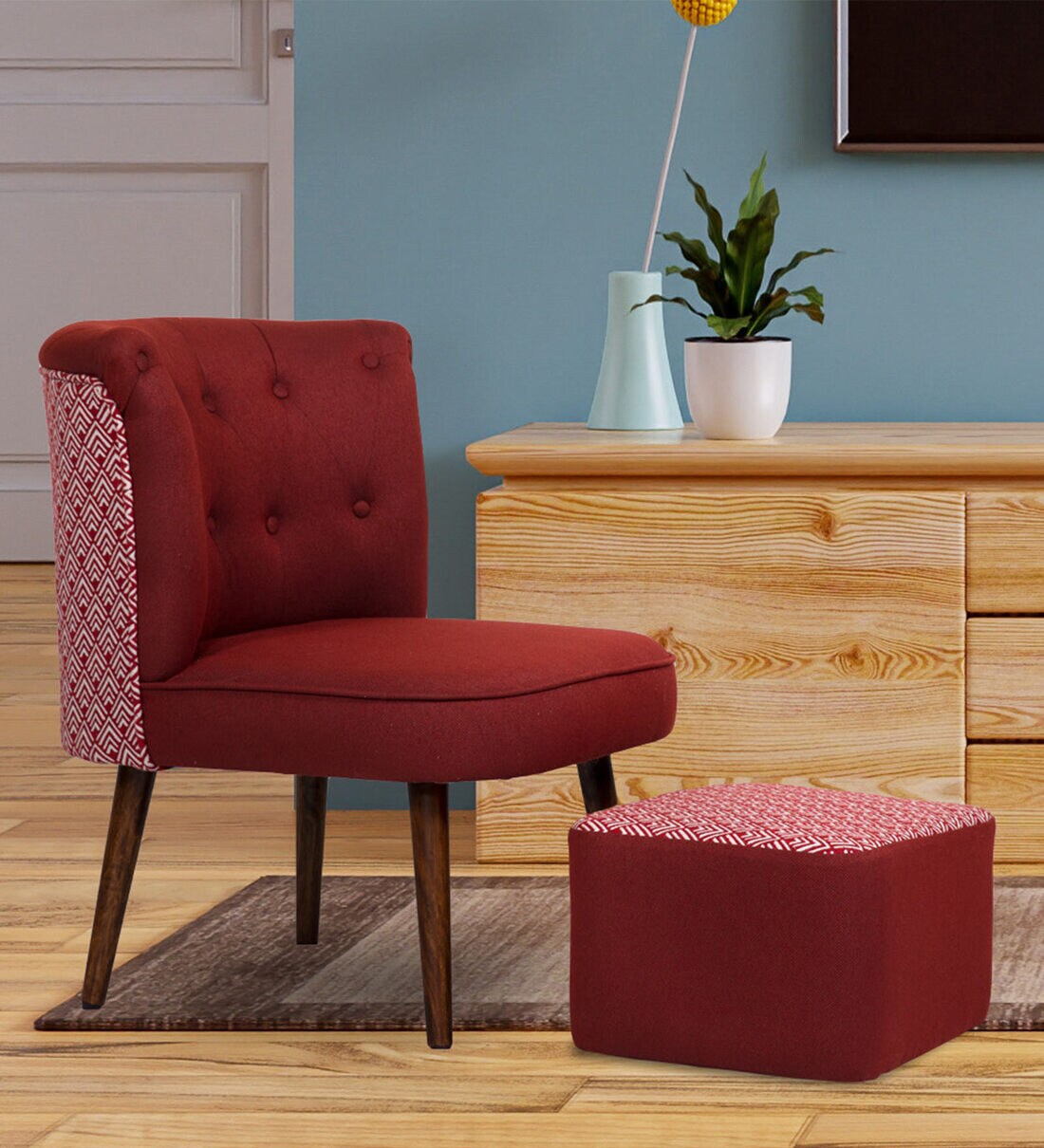 Buy Milano Fabric Slipper Chair in Dark Red Colour with Foot Stool at ...