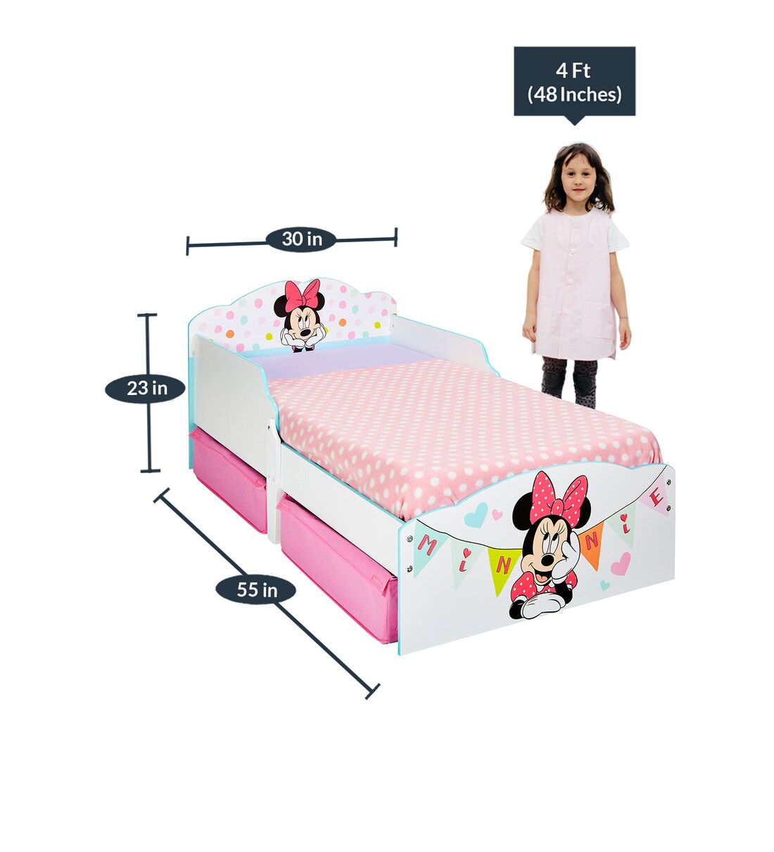 Buy Minnie Mouse Kids Toddler Bed with Drawer Storage by Cot & Candy ...