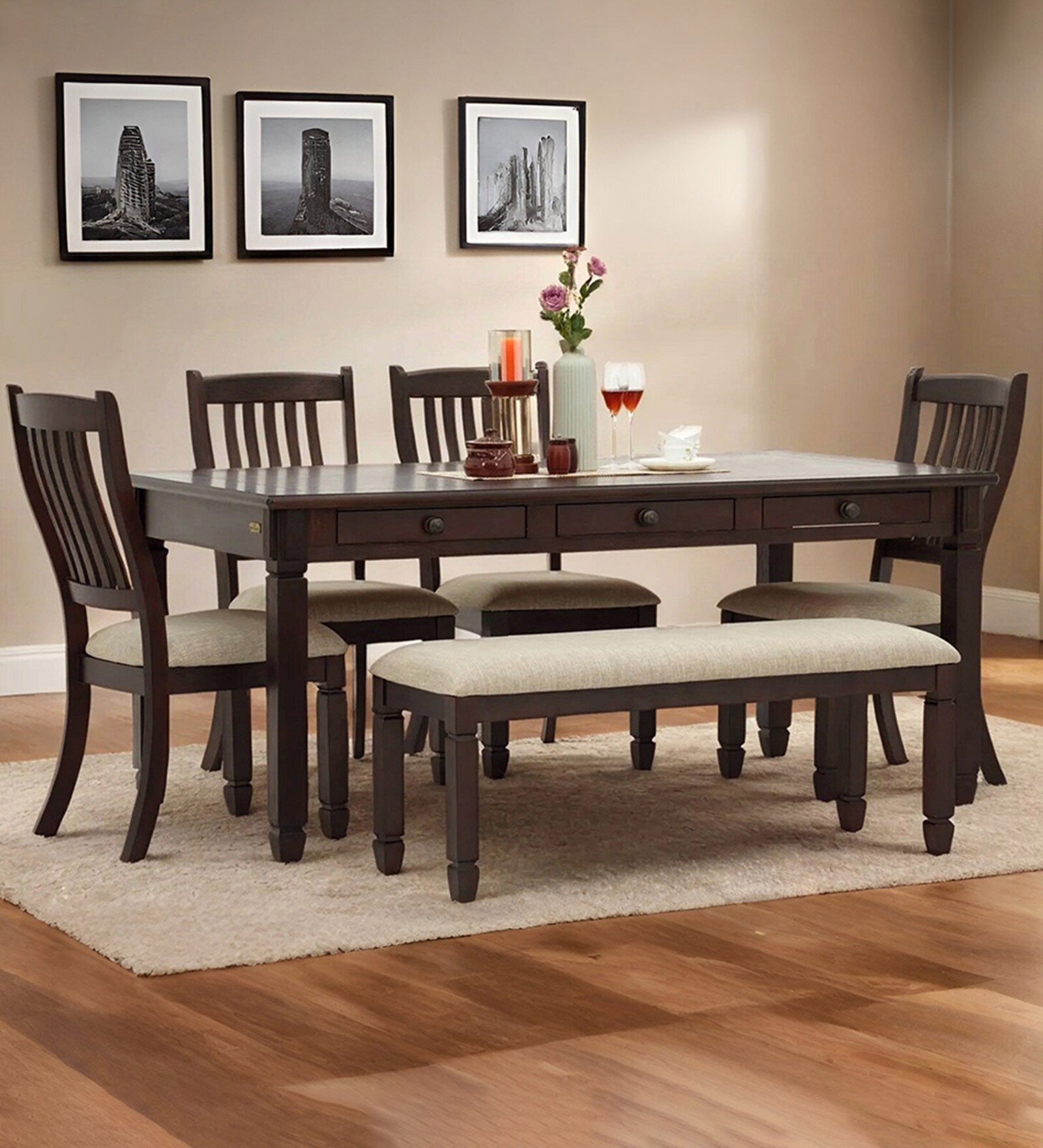 Buy Miami American Wooden 6 Seater Dining Table Set With Benchin Brown ...