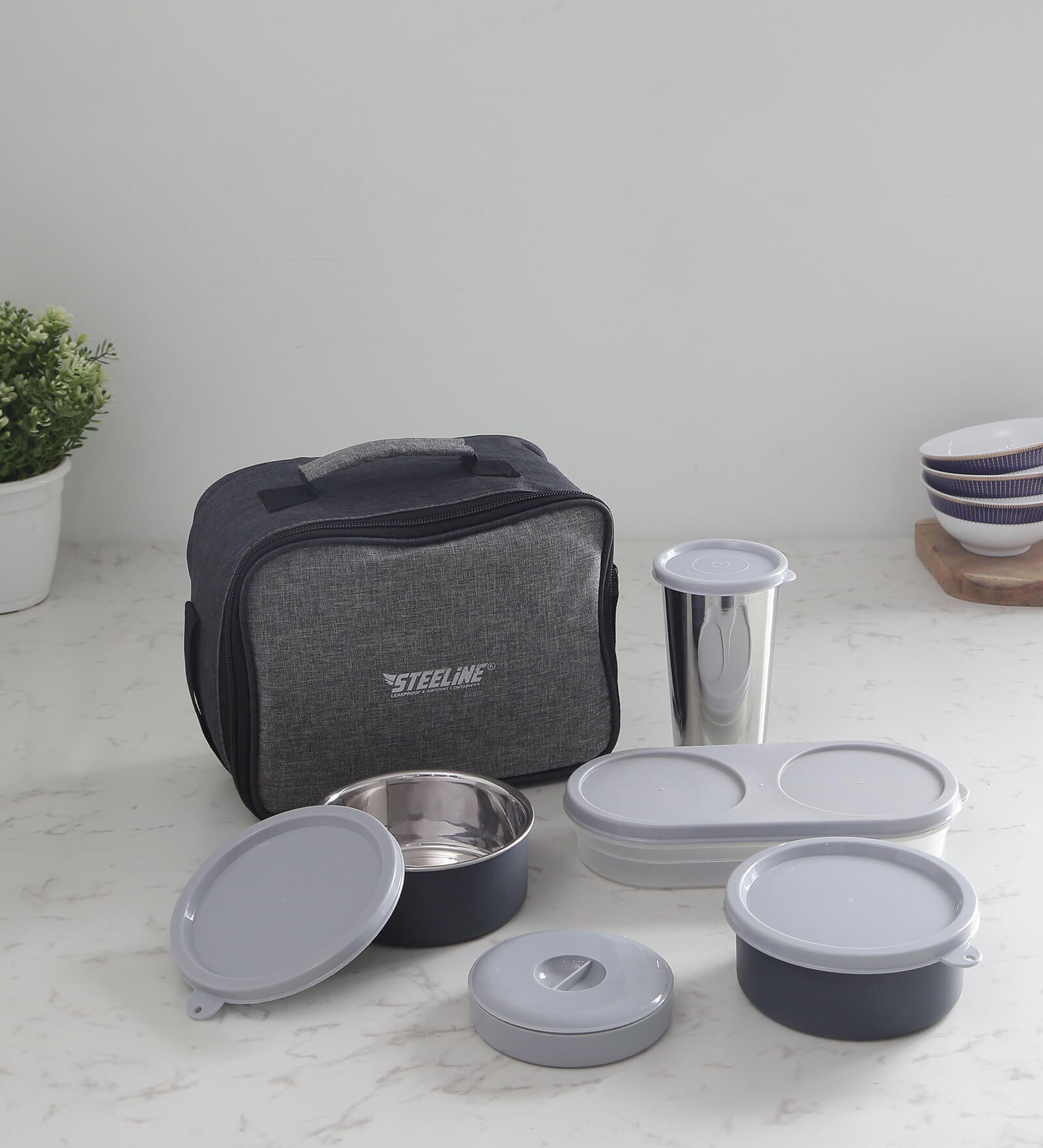 Buy Micro Grey Stainless Steel 5Pcs Container Lunch Box With Carry ...