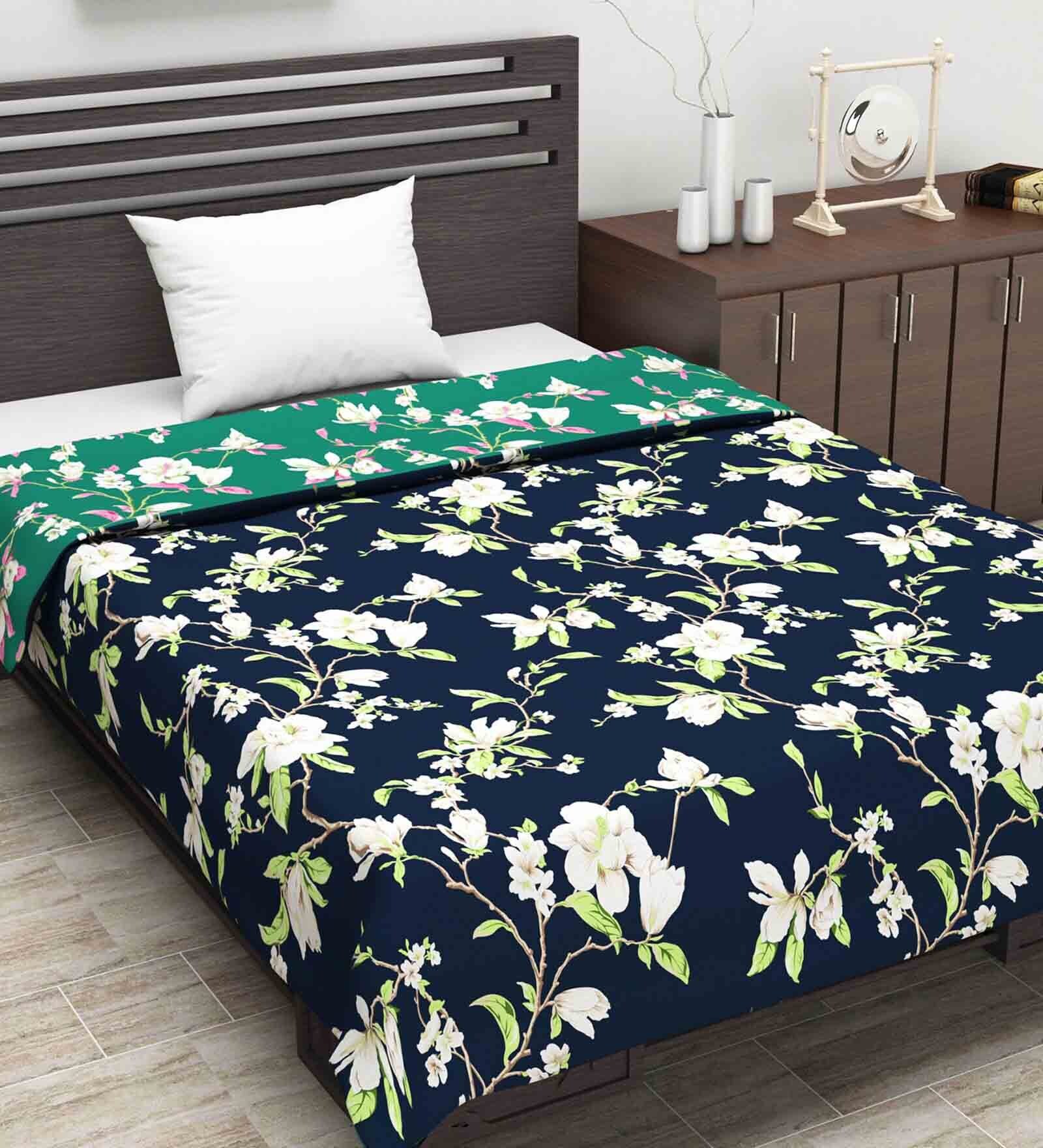 Buy Microfiber Reversible 120 GSM Floral Print Navy Blue and Green ...