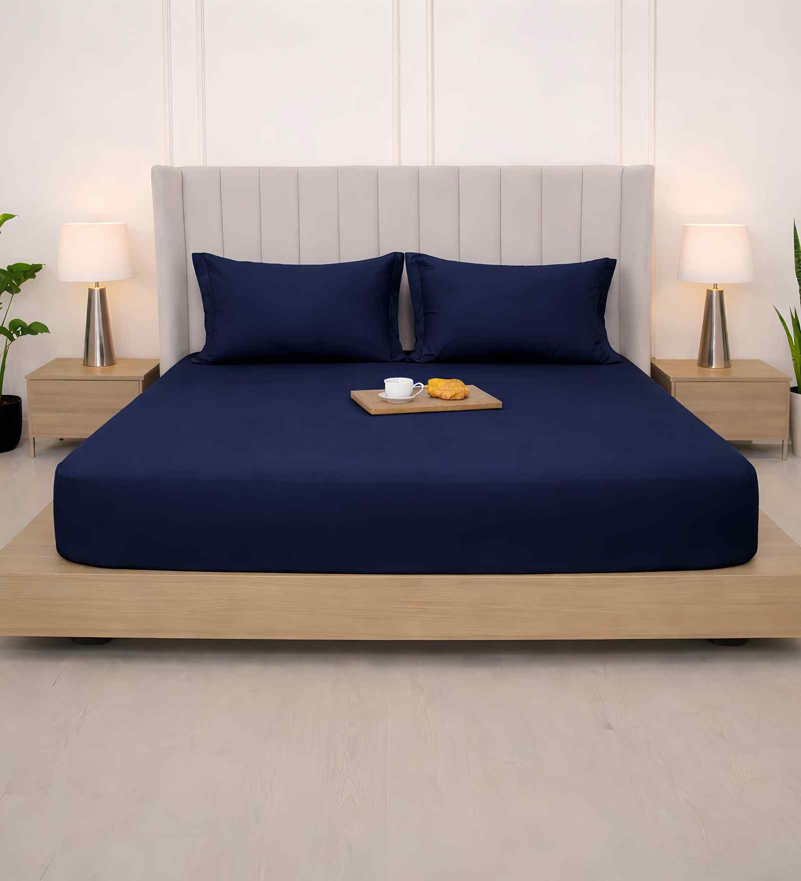 Buy Midnight Navy Solid 300 TC Pure Cotton King Fitted Bedsheet with 2 ...