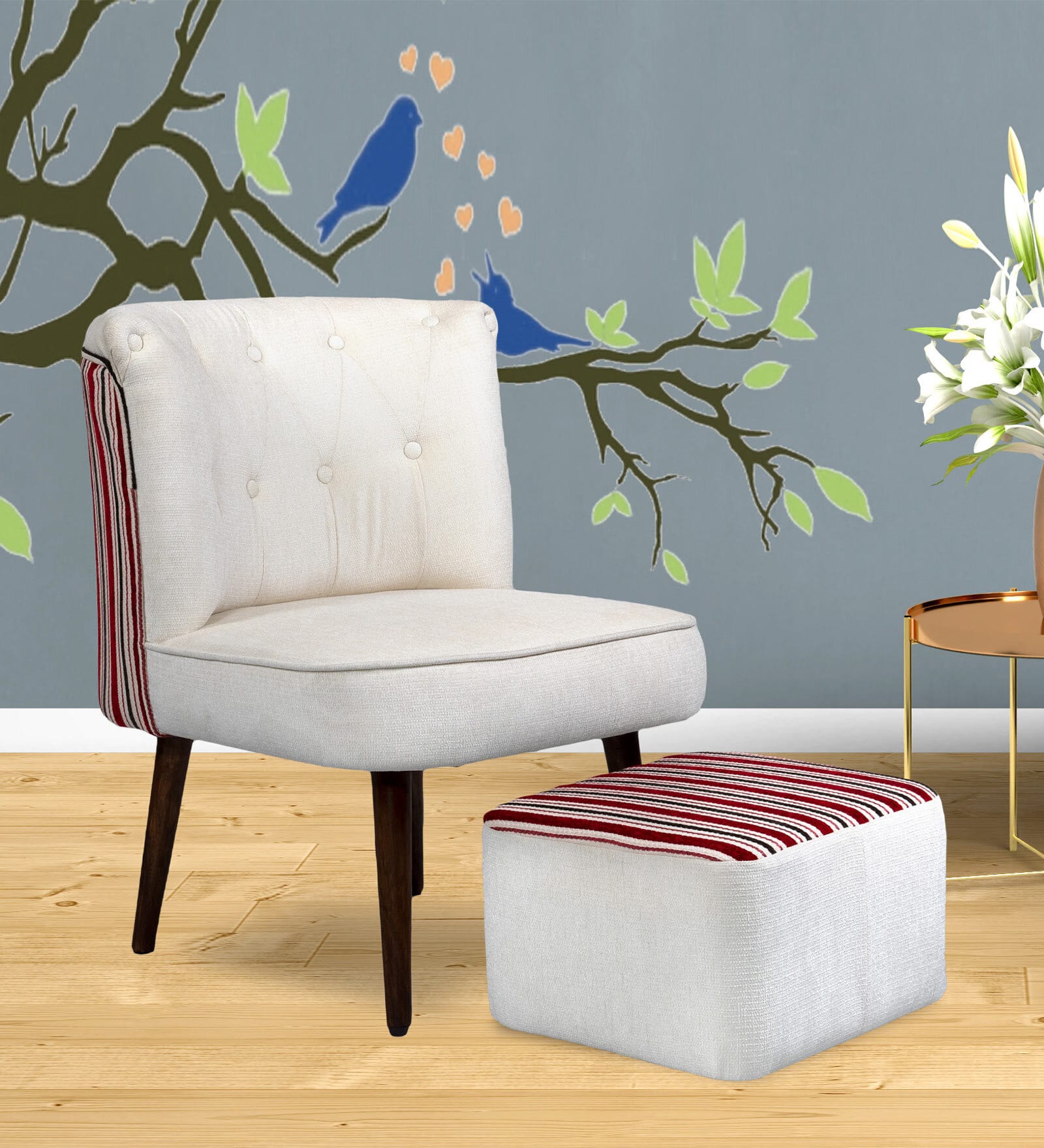 Buy Milano Fabric Slipper Chair in Red & White Colour with Foot Stool ...