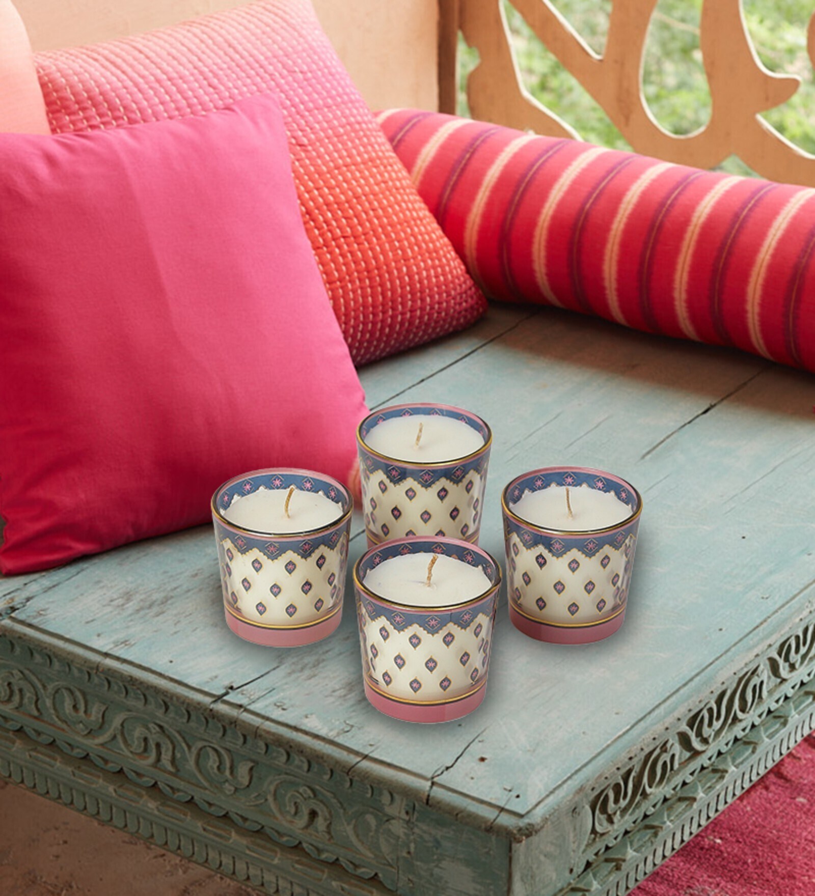 Buy Minar Beige & Pink (Set of 4) Glass Votives Candles by Ritu Kumar Home at 100% OFF by Ritu ...