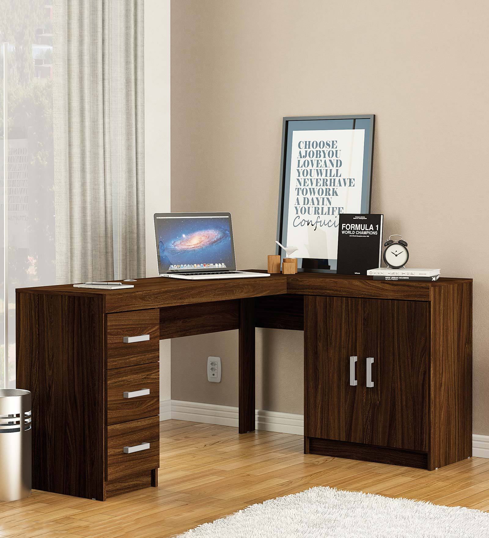 Buy Misaki Study Table With Drawers & Cabinet In Walnut Brown Finish at ...
