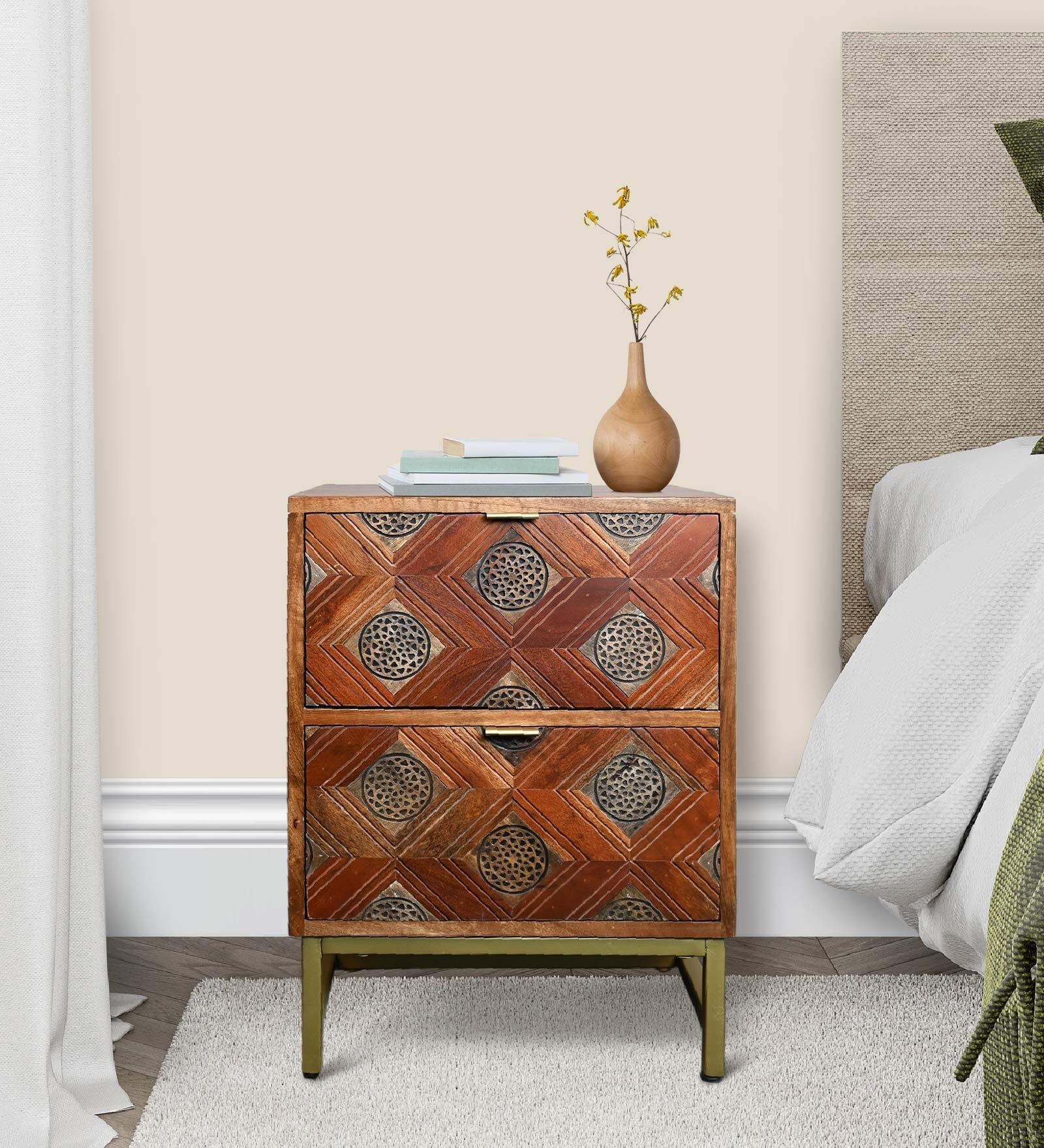 Buy Mitika Solid Wood Bedside Table With Carving In Brown Colour at 17% ...